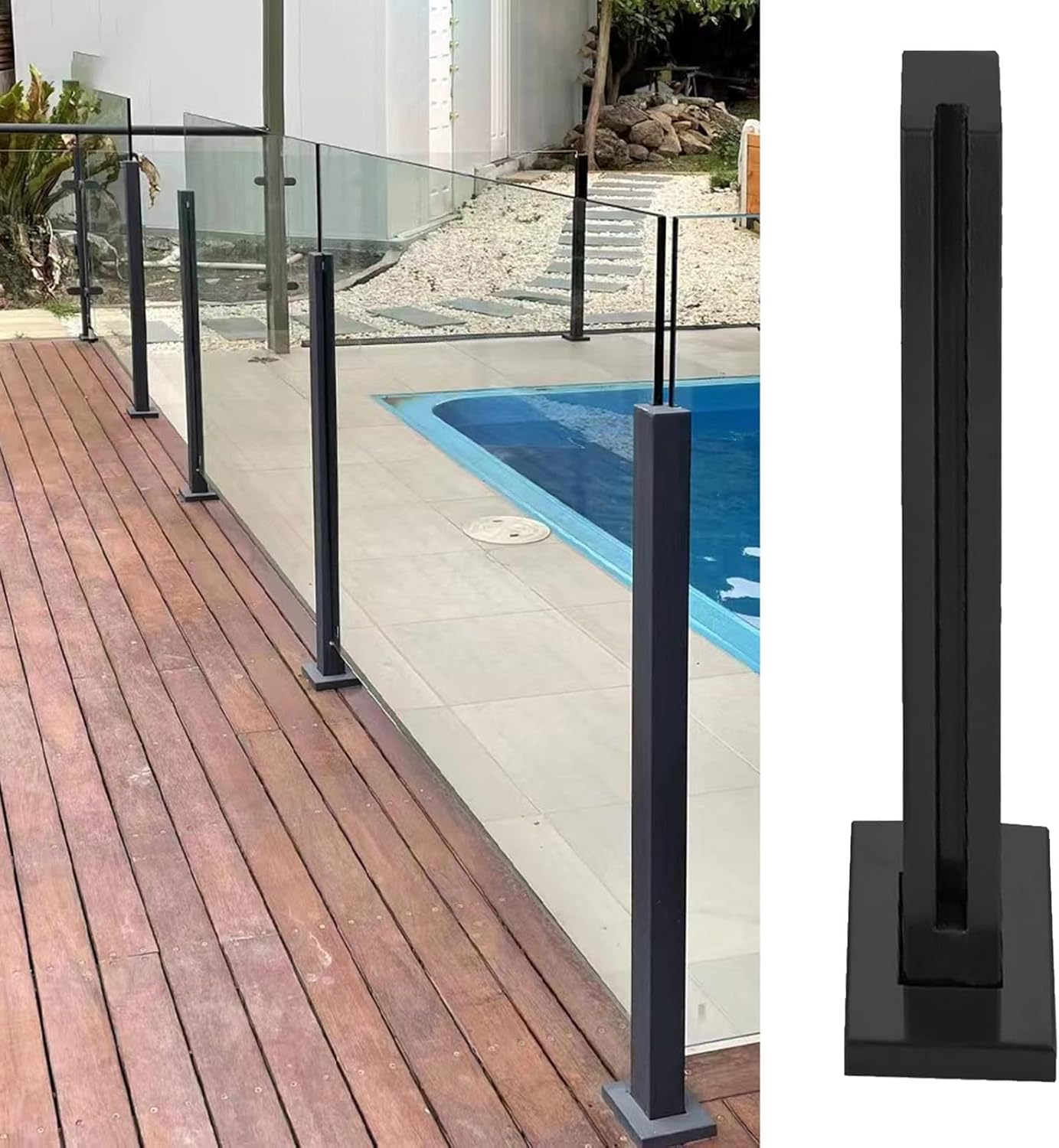 LVLONG Outdoor Deck Glass Railing Post, Square Floor Mount Glass ...