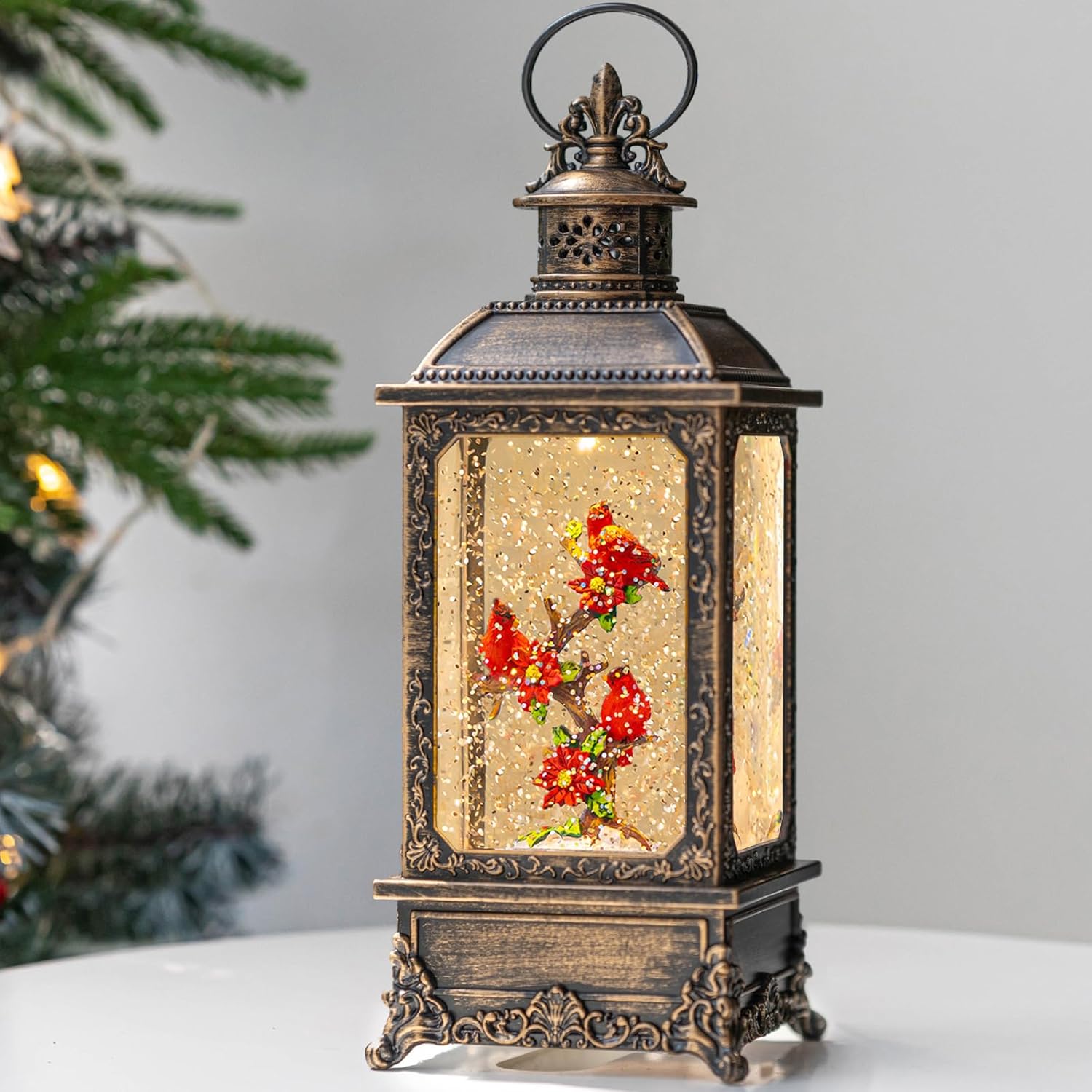 Amazon.com: Christmas Snow Globe Water Glittering Cardinal Lantern with ...