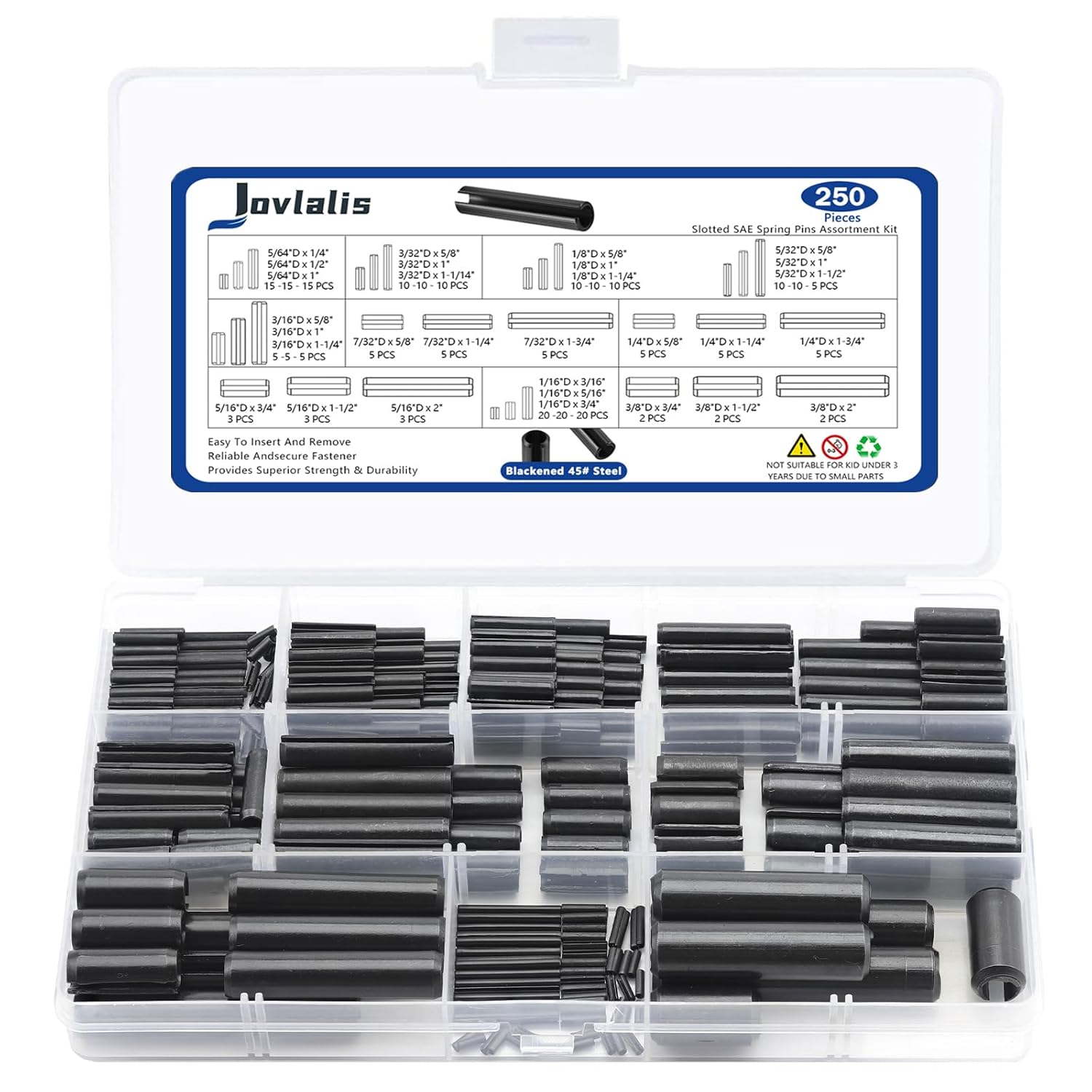 250 Pcs Roll pin Assortment, SAE Roll Pin Set, Slotted Spring Pins ...