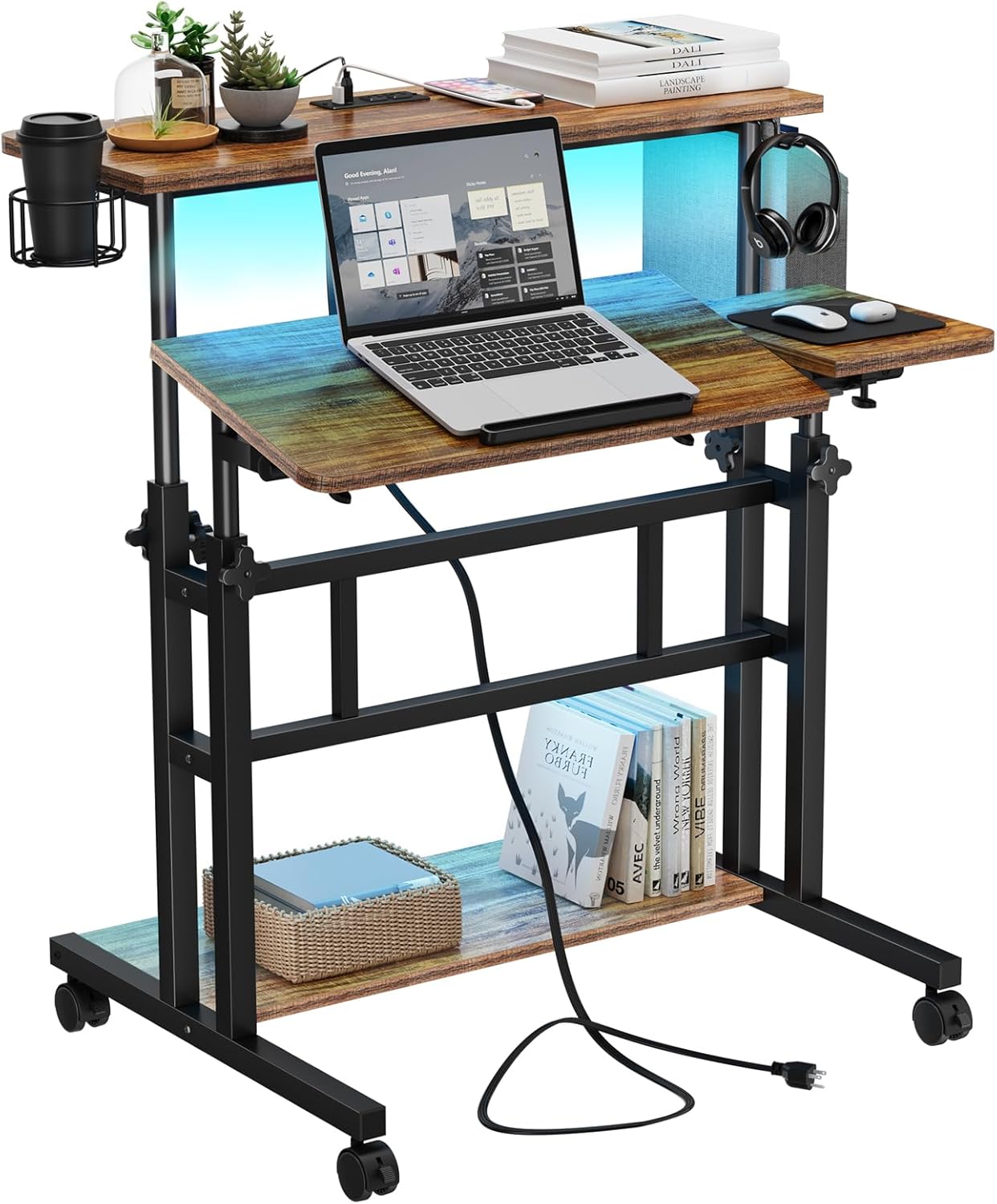 Dripex Mobile Standing Desk with Power Outlets & Strip Lights, Rolling ...