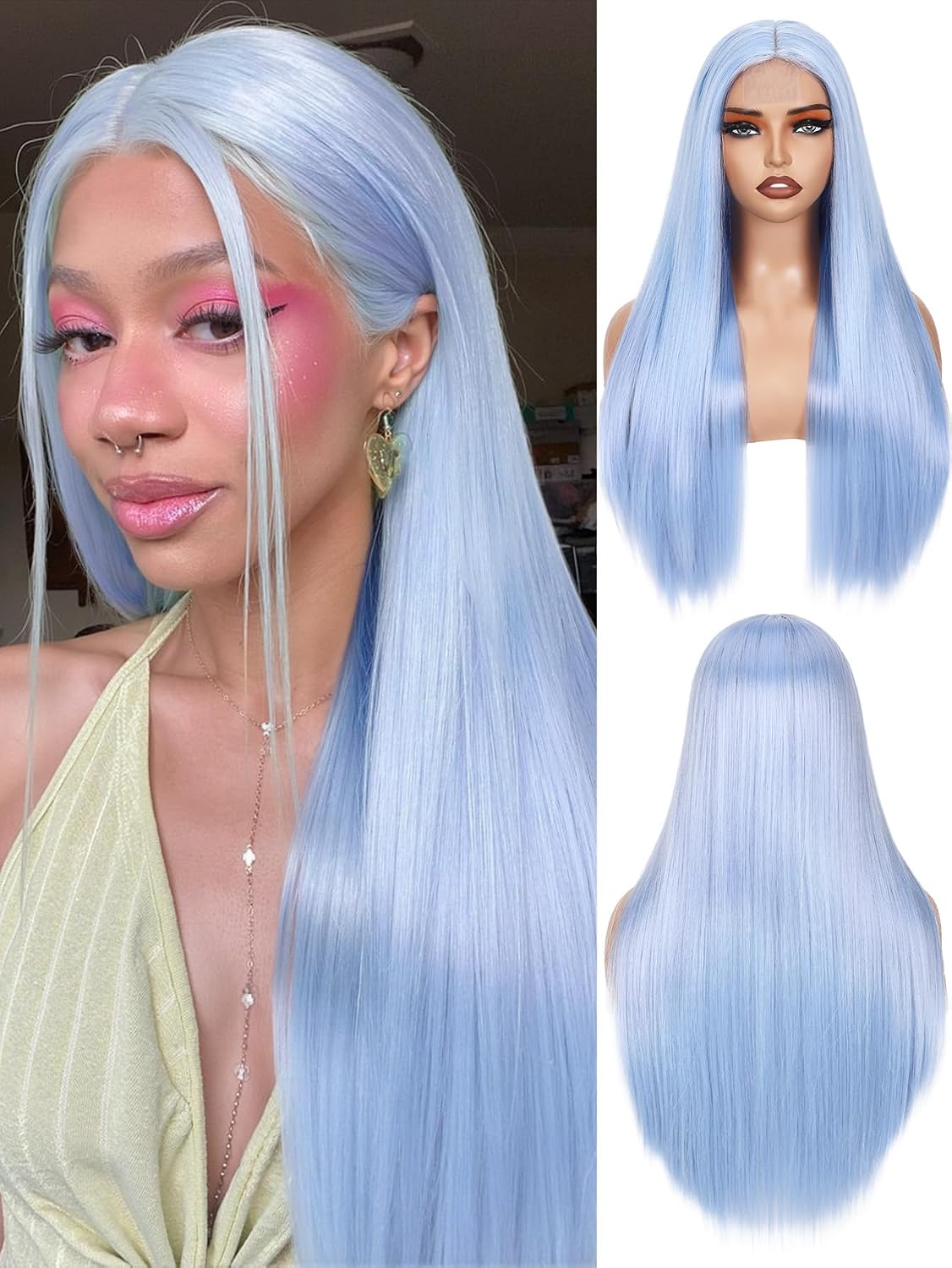 FAVE 26 Inches Light Blue Wig Long Straight Blue Wigs for Women Heat ...