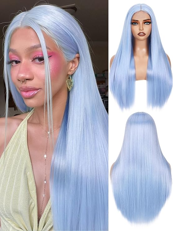 FAVE 26 Inches Light Blue Wig Long Straight Blue Wigs for Women Heat ...