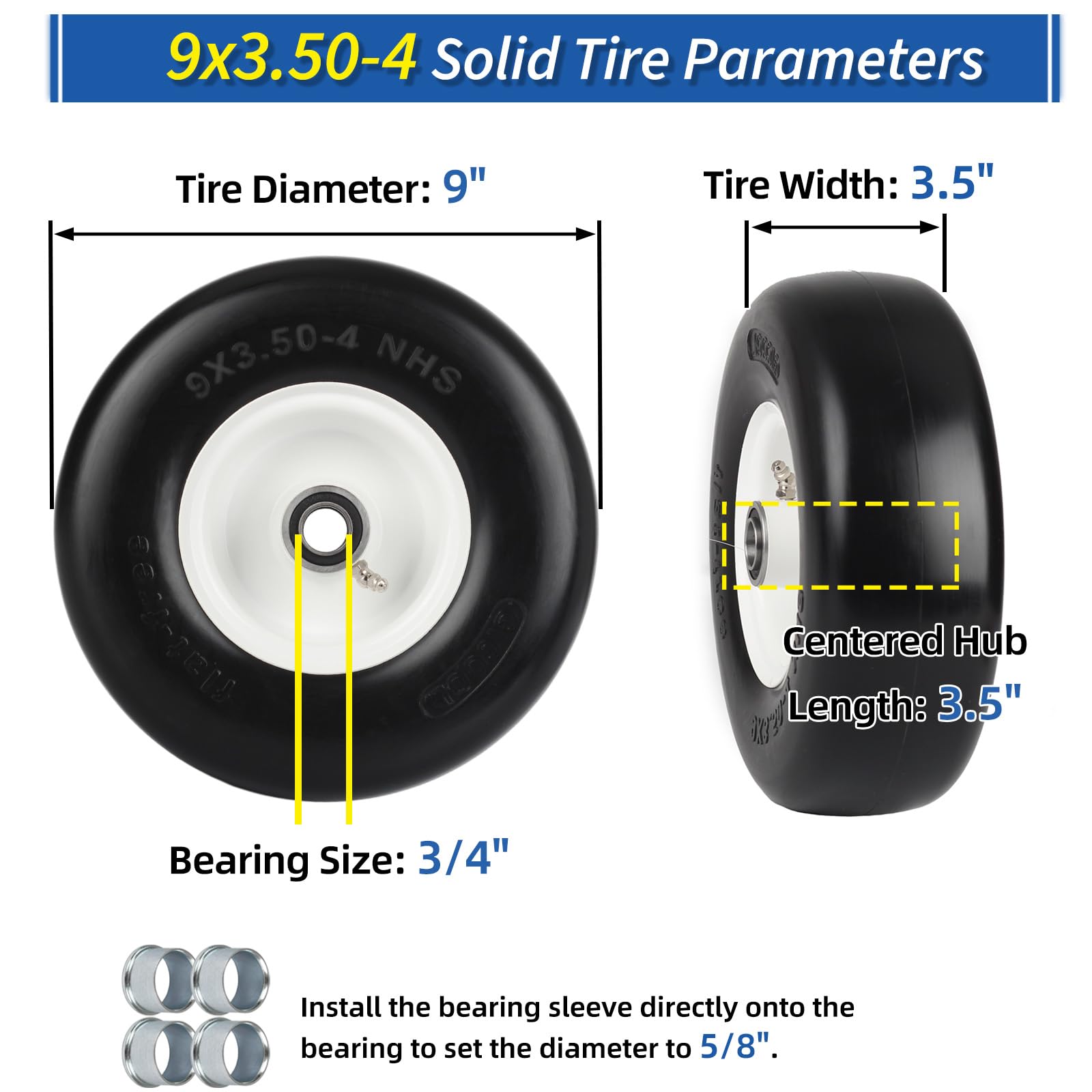 Snapklik.com : 9x3.50-4 Flat Free Lawn Mower Tire And Wheel, Smooth ...