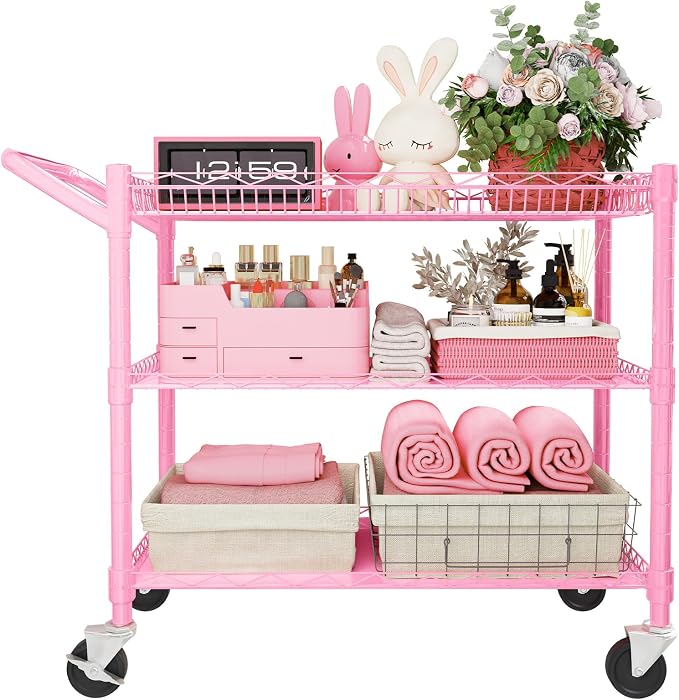 Amazon.com: YNN Pink Rolling Cart, 990Lbs 3 Tier Heavy Duty Metal Cart ...