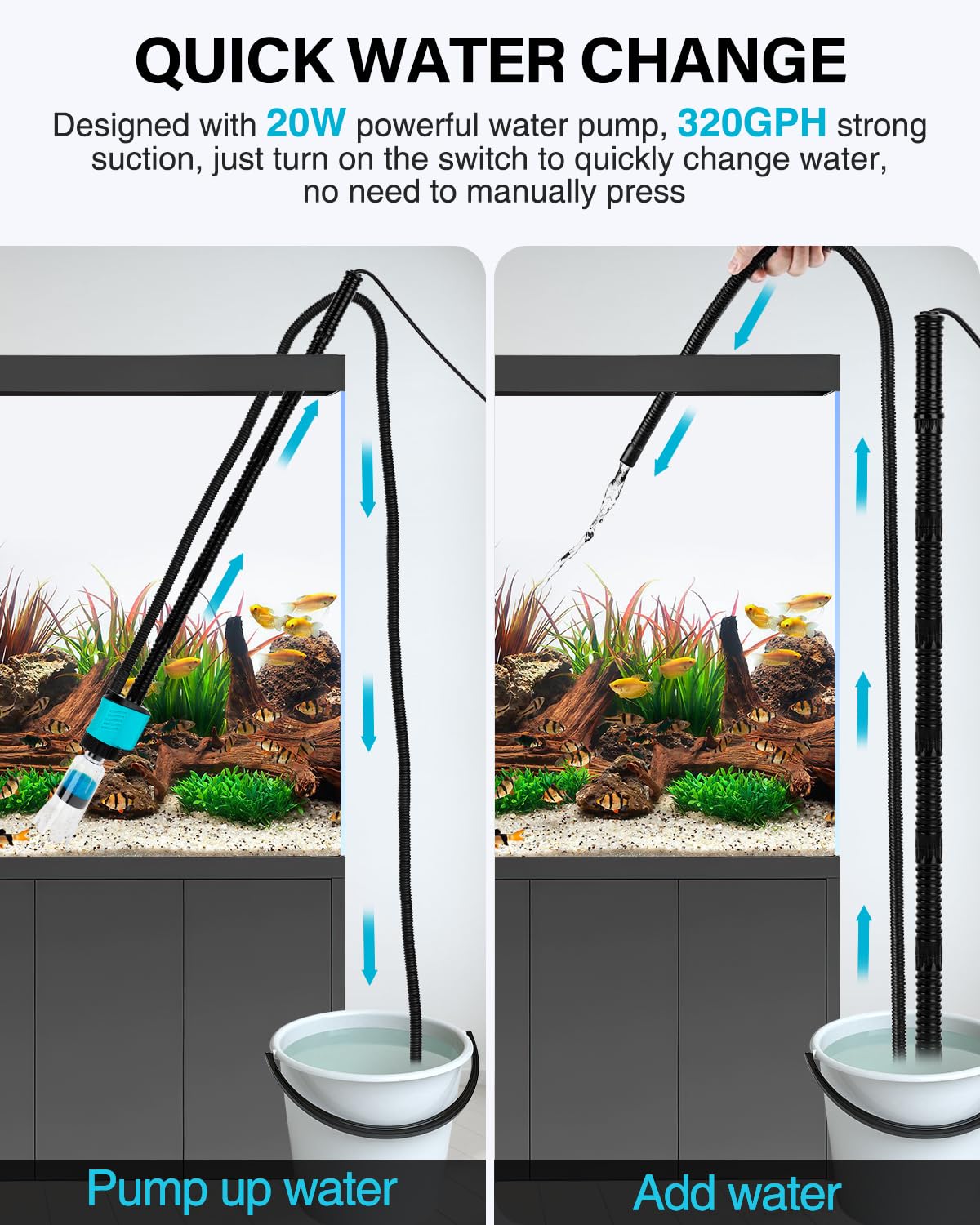 fishkeeper Electric Aquarium Gravel Cleaner, 20W/320GPH Powerful ...