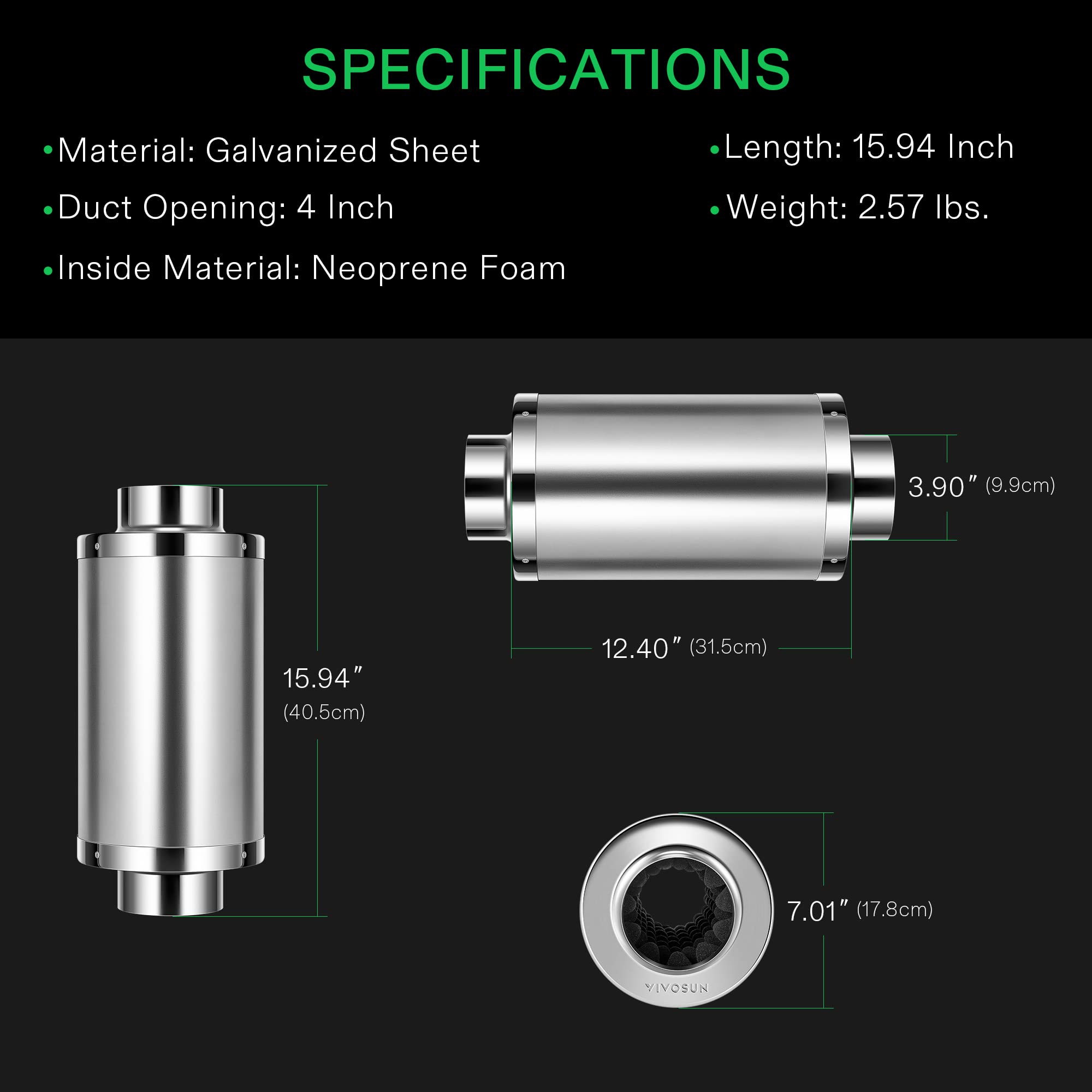 Vivosun 4 Inch Noise Reducer And 4 Inch 203 Cfm Inline Duct Ventilation