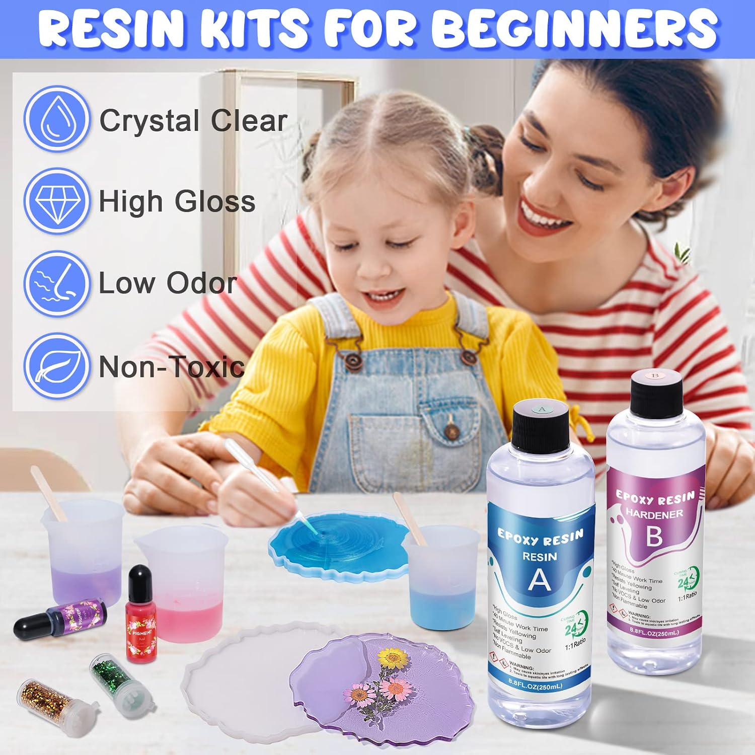 Epoxy Resin Kits for Beginners, 2 Part 17.6oz/500ml Crystal Clear Resin ...