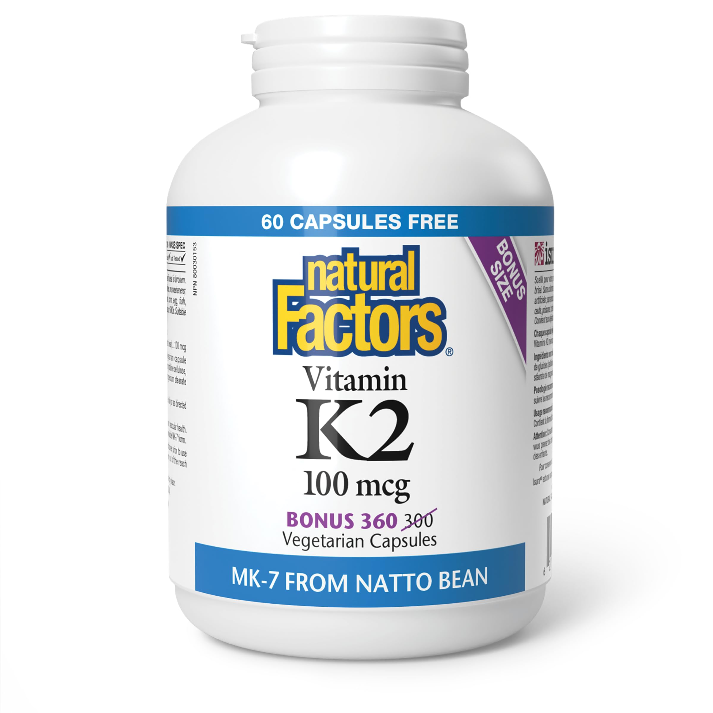 Natural Factors Vitamin K2 100 mcg, BONUS SIZE, 360 Vegetarian Capsules ...