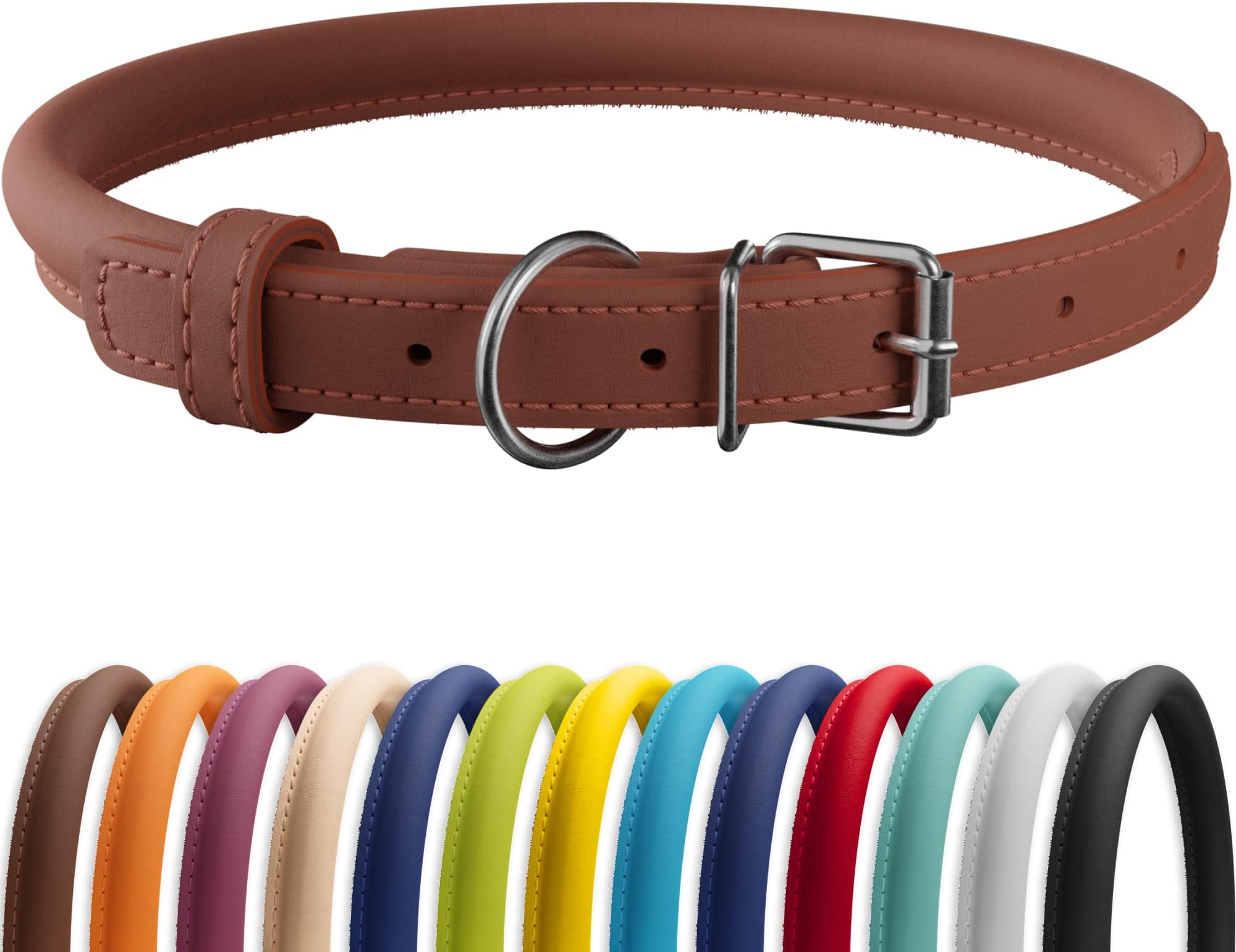 Amazon.com : Genuine Leather Rolled Dog Collar 17.5"-21" neck size ...