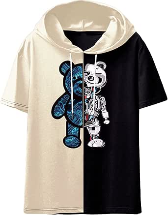 OYOANGLE Men's Color Block Bear Print Hooded Drawstring Short Sleeve ...