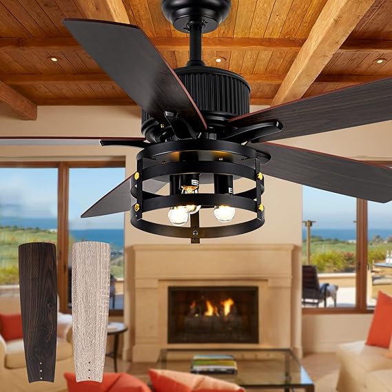 Farmhouse Rustic Ceiling Fan with Lights, 52 Inch Industrial Ceillng ...