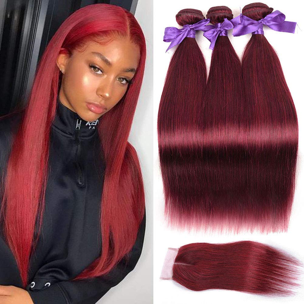 Amazon.com : 99j Burgundy Straight Human Hair Bundles With Closure 10A ...