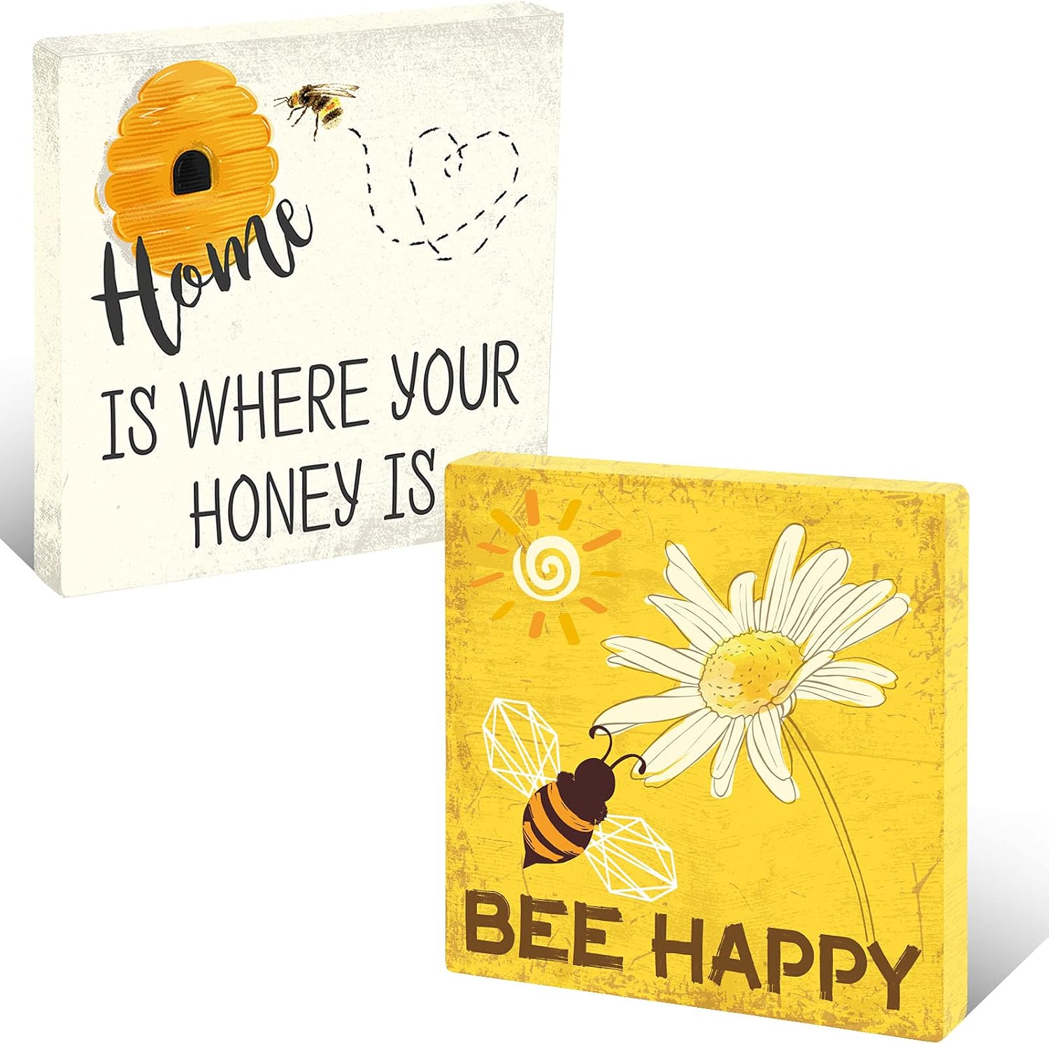 2 Pieces Bee Decor Bee Happy Wooden Box Sign Bee Farmhouse Wood Wall ...