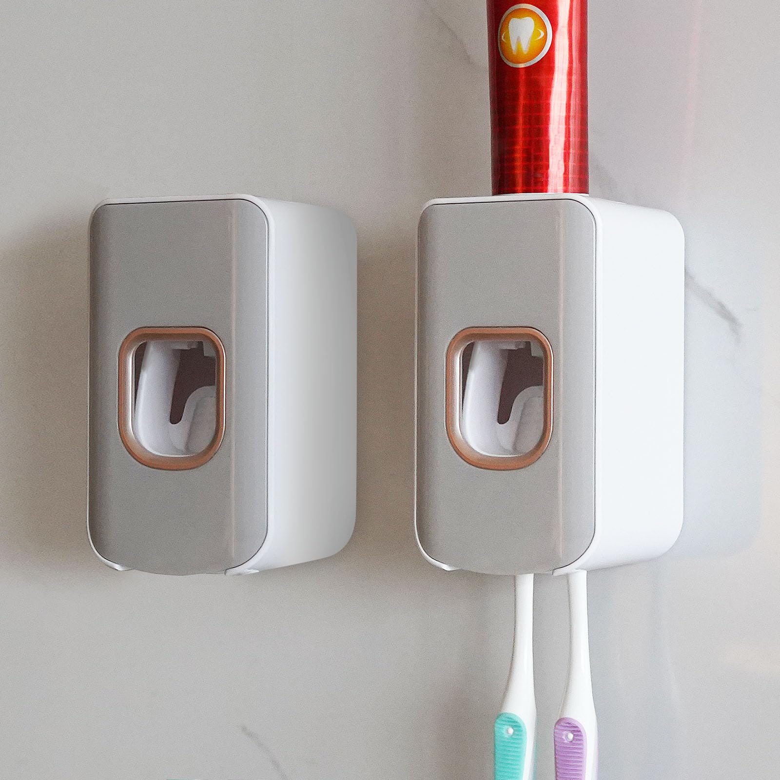 Amazon.com: 2 Slot Toothbrush Holder and Toothpaste Dispenser Wall ...