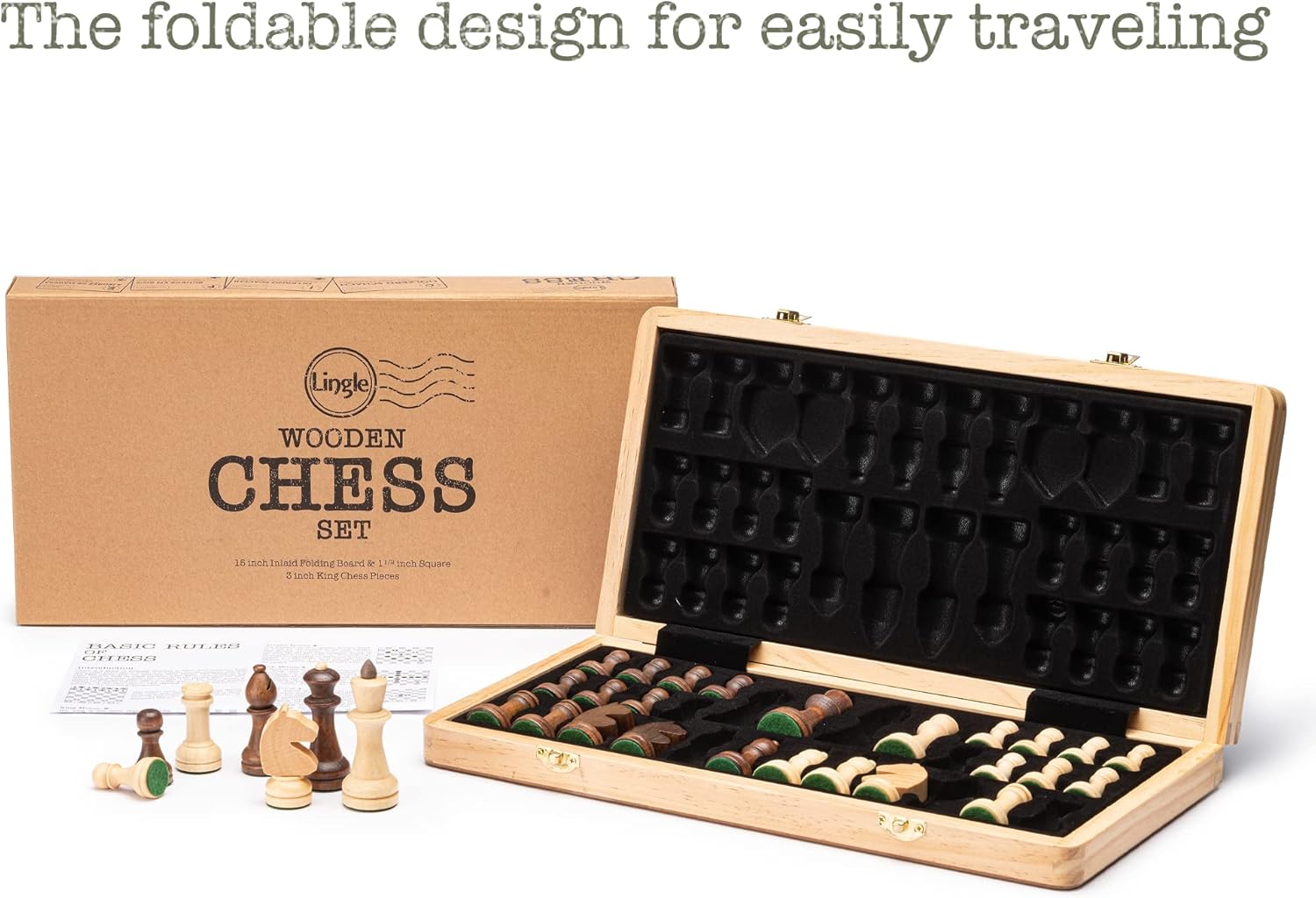 Buy Lingle 15 Inch Travel Wooden Folding Chess Set w/ 3 Inch Kh Chess ...