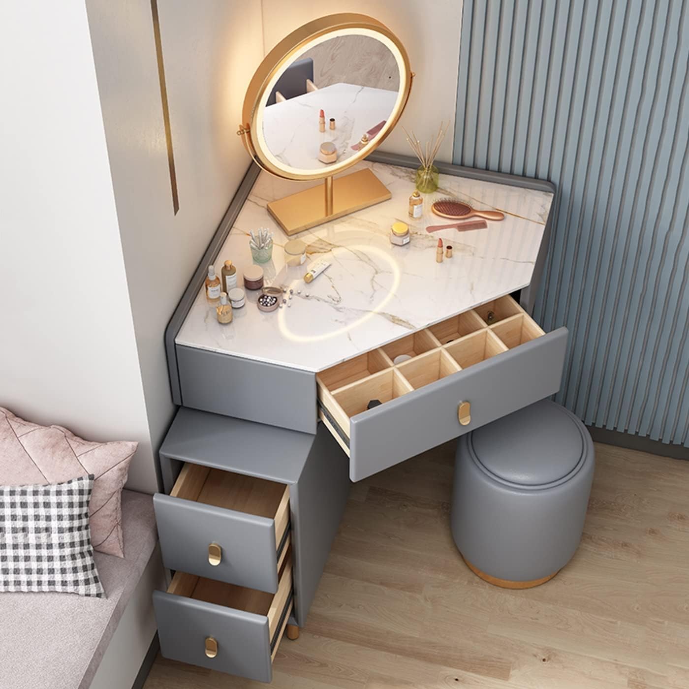 Coiffeuse d'angle Moderne avec Miroir éclairé, Ensemble de Bureau avec ...