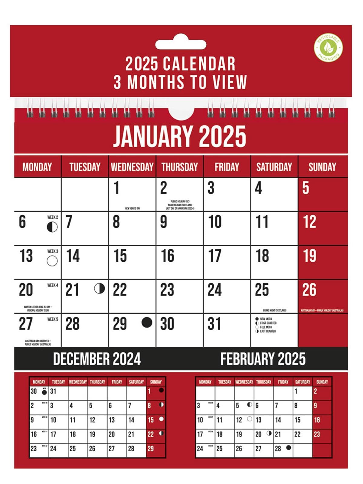 2025 Wall Calendar 3 Months to View Red Planner Hanging Spiral Bound ...