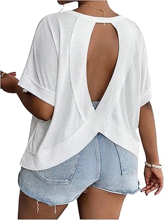 Verdusa Women's Plus Size Open Back Tops Summer Criss Cross Cut Out Tee ...
