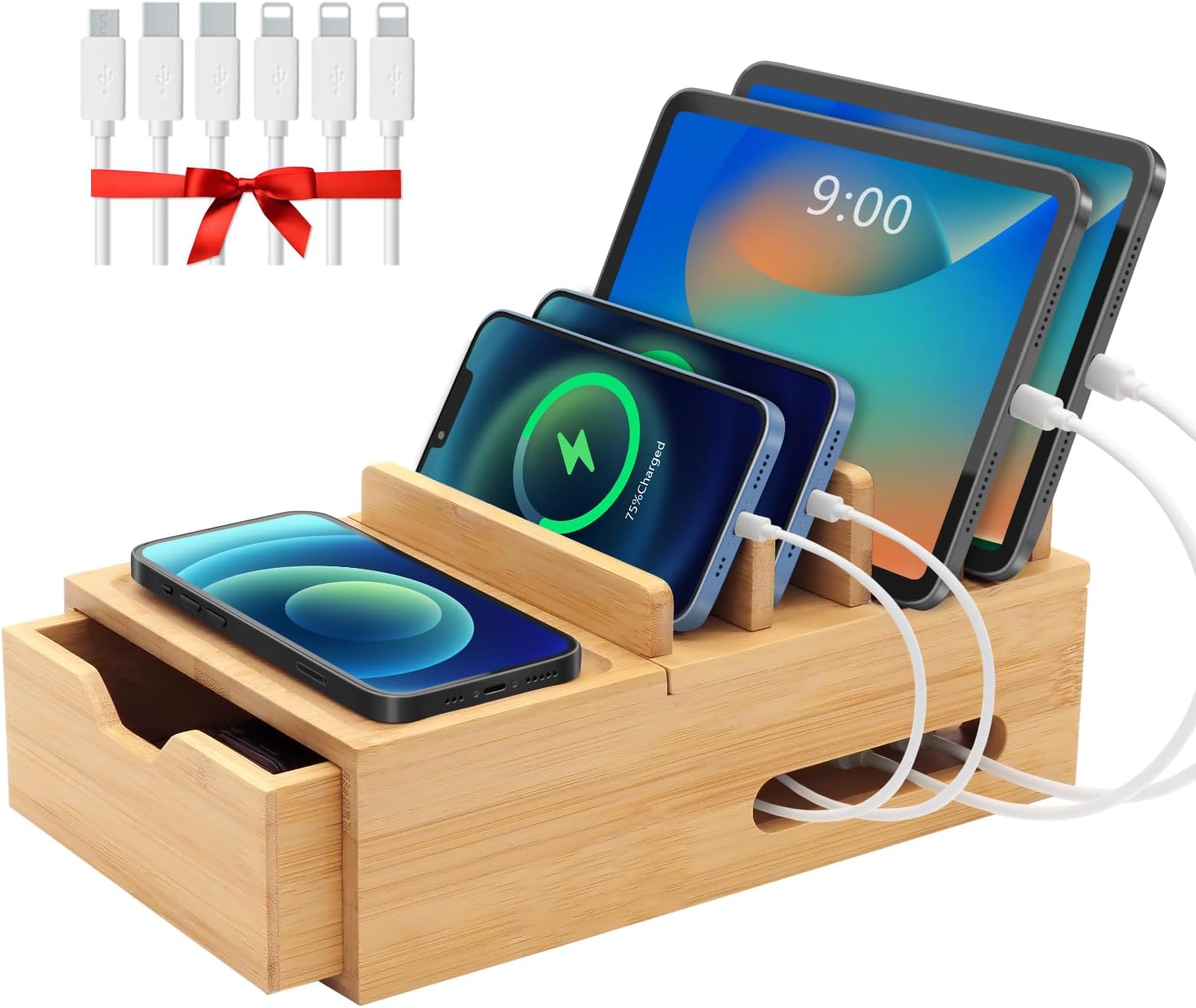 Bamboo Charging Station for Multiple Devices, Desk Charging Organizer ...