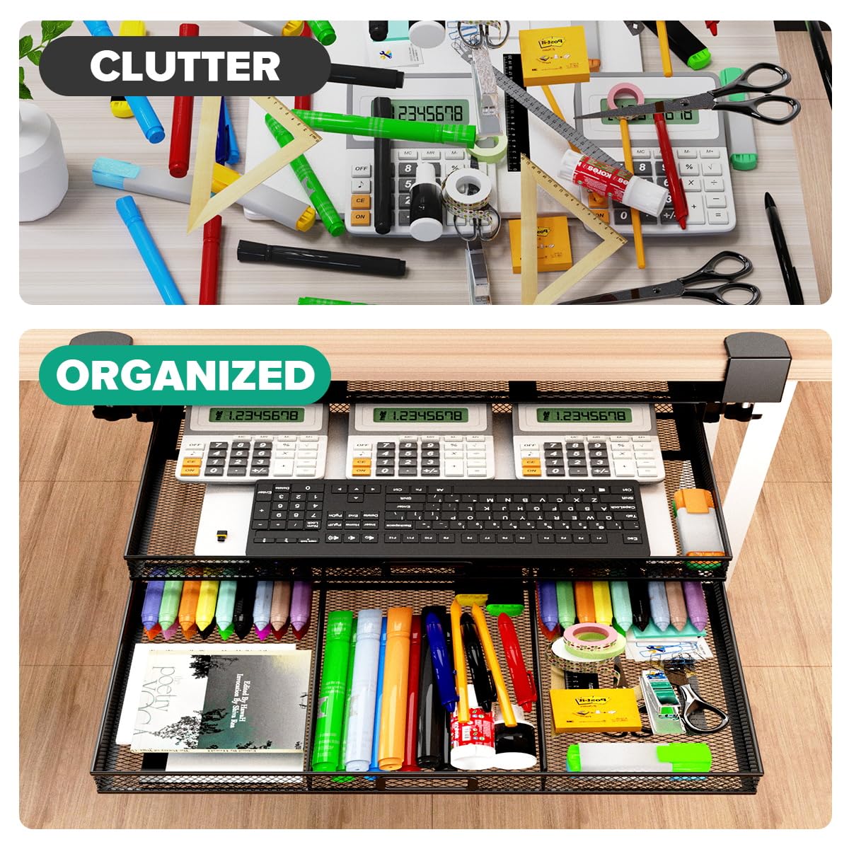 Verponity Super Large Under Desk Drawer Storage 2 Layers, Hideable ...