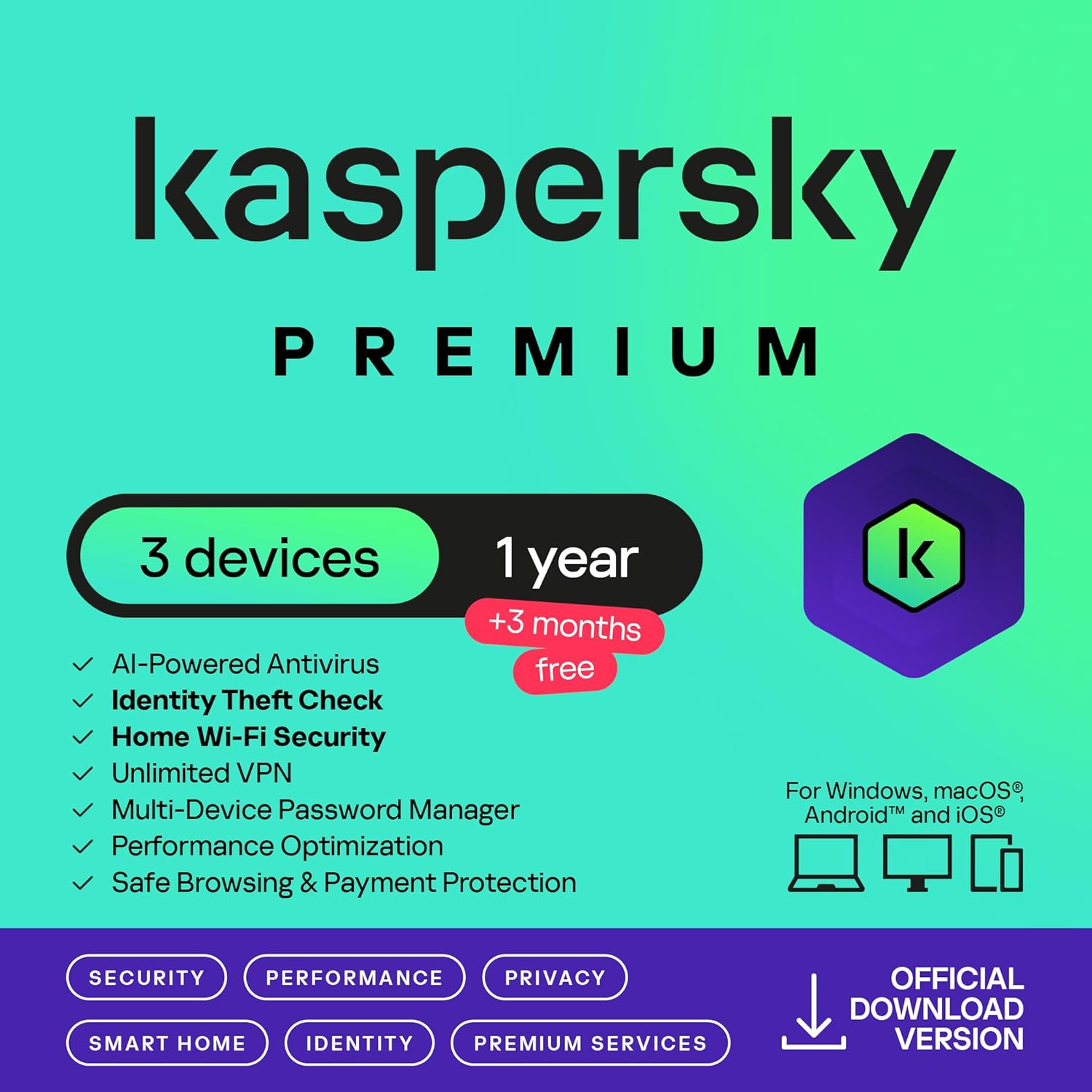 Kaspersky Premium 2026 | 3 Device | 1 Year +3 Months Free | AI Powered ...
