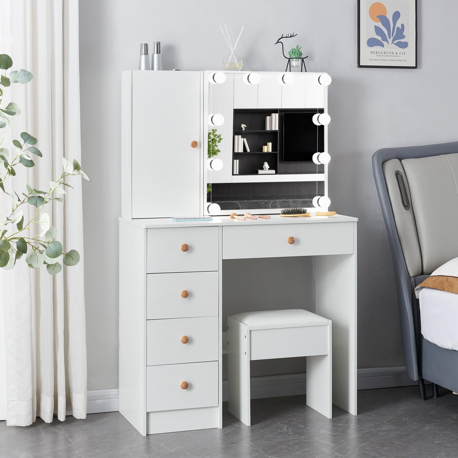 Logimiz Vanity Desk with Mirror and Lights, Makeup Vanity Table with 3 ...