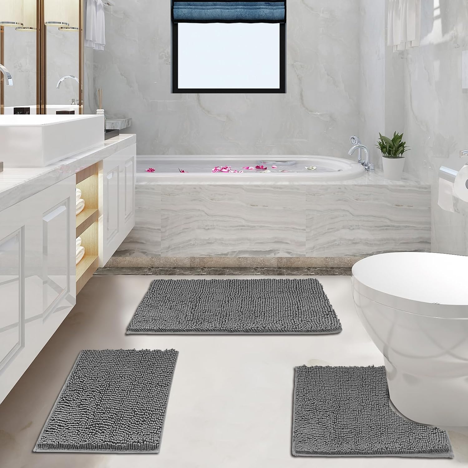 Amazon.com: 3 Pieces Bathroom Rugs, Anti-Slip Chenille Bath Rug, Super ...