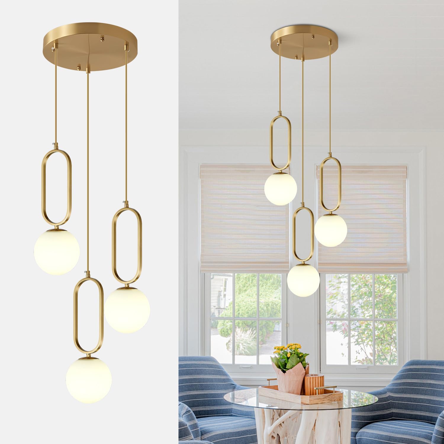 Fulesi 3-Light White Globe Glass Pendant Light Brass Ceiling lamp ...