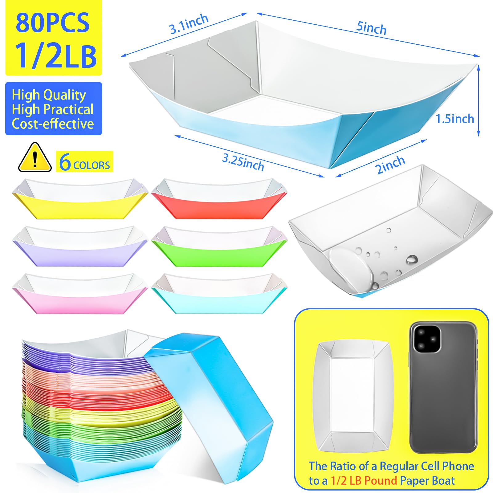 Snapklik.com : MotBach 80 Pack Colorful 1/2Lb Paper Food Boat Trays ...