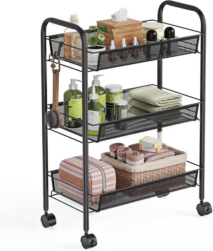 WELDUN 3-Tier Storage Trolley, Rolling Cart, Mesh Storage Cart, Mobile ...