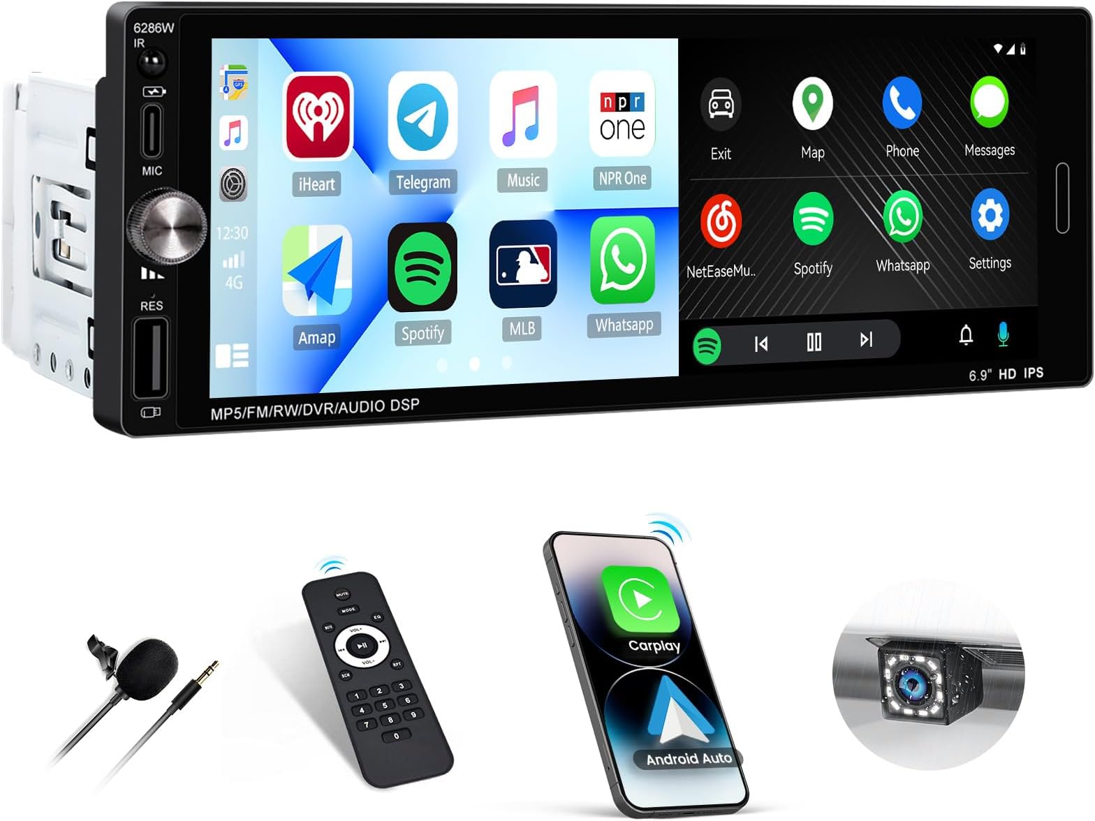 Car Stereo Single Din with Wireless Carplay Android Auto,6.9 Inch HD ...