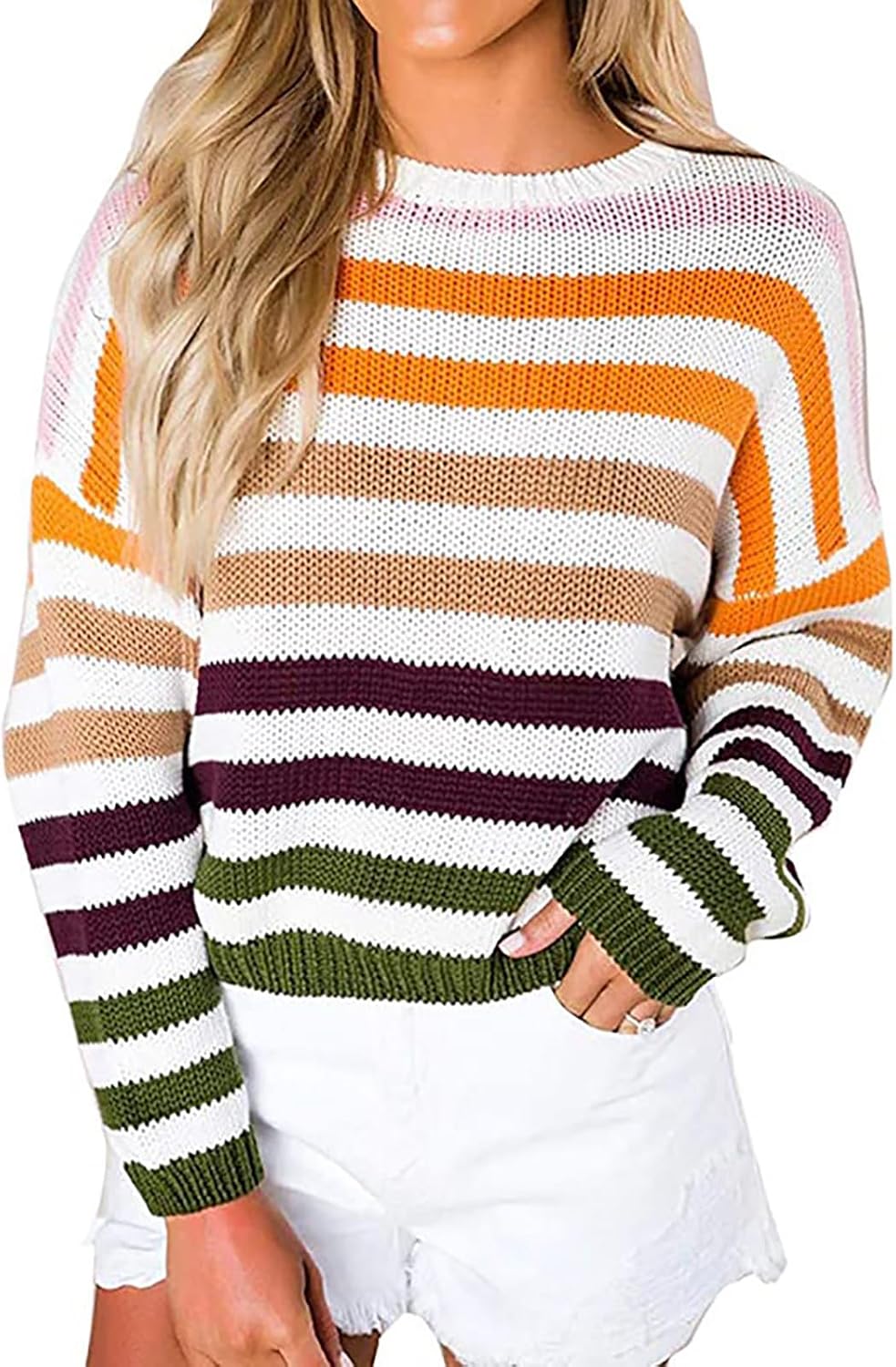 Amazon.com: Women's Fall Sweater Long Sleeve Crew Neck Jumpers Striped ...
