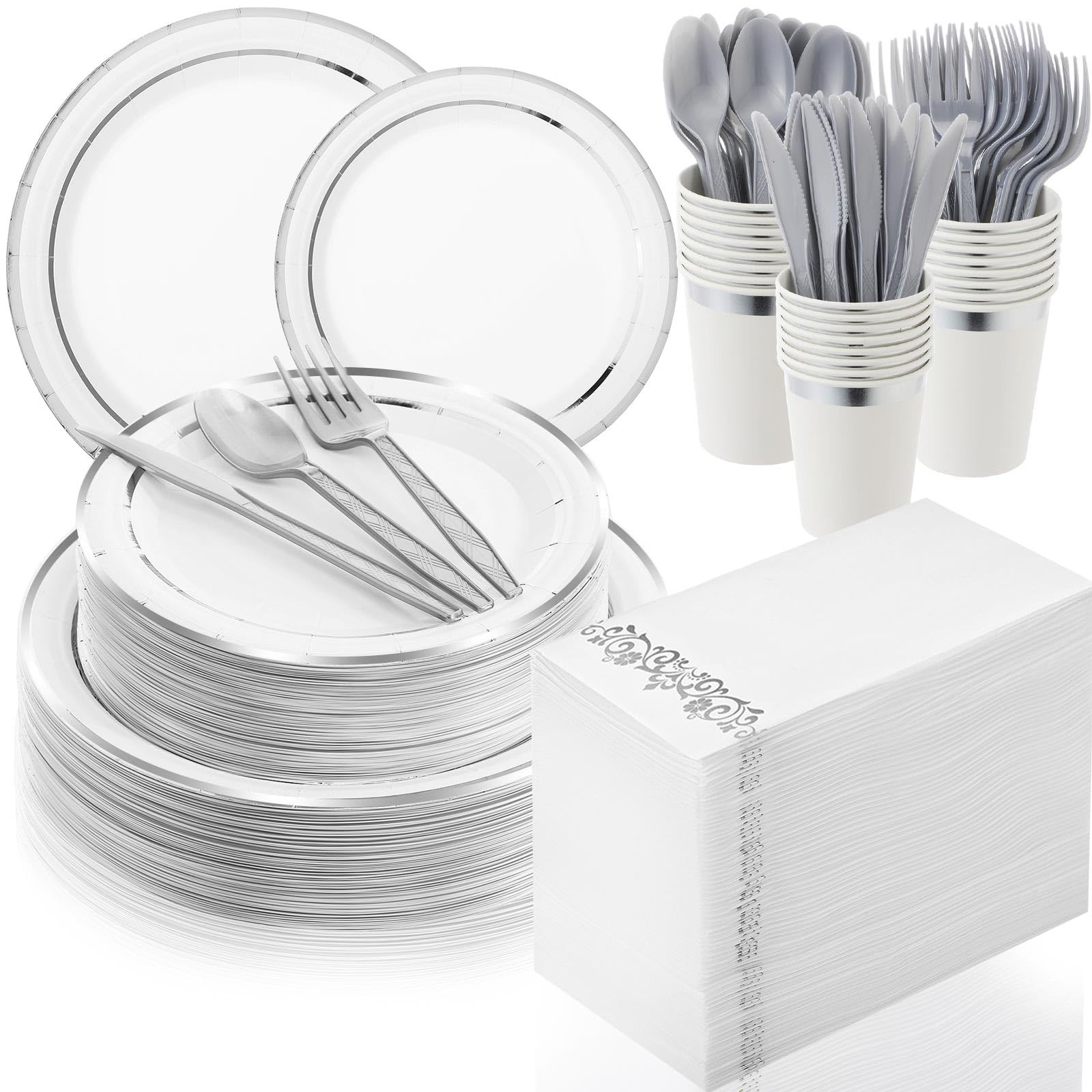 Amazon.com: meekoo 350 Pcs Silver Plastic Dinnerware Set Disposable ...