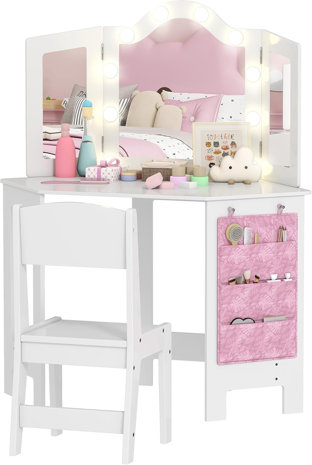 Qaba Kids Girl Vanity Set with Mirror Stool Lights, 2 in 1 Makeup ...