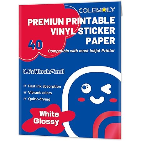Amazon.com : Sticker Paper Glossy Printable Vinyl for Inkjet Printer 40 ...
