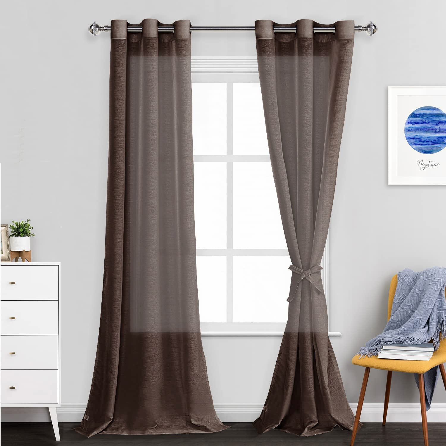 Amazon.com: JIUZHEN Brown Sheer Curtains 96 Inches Long - Semi ...