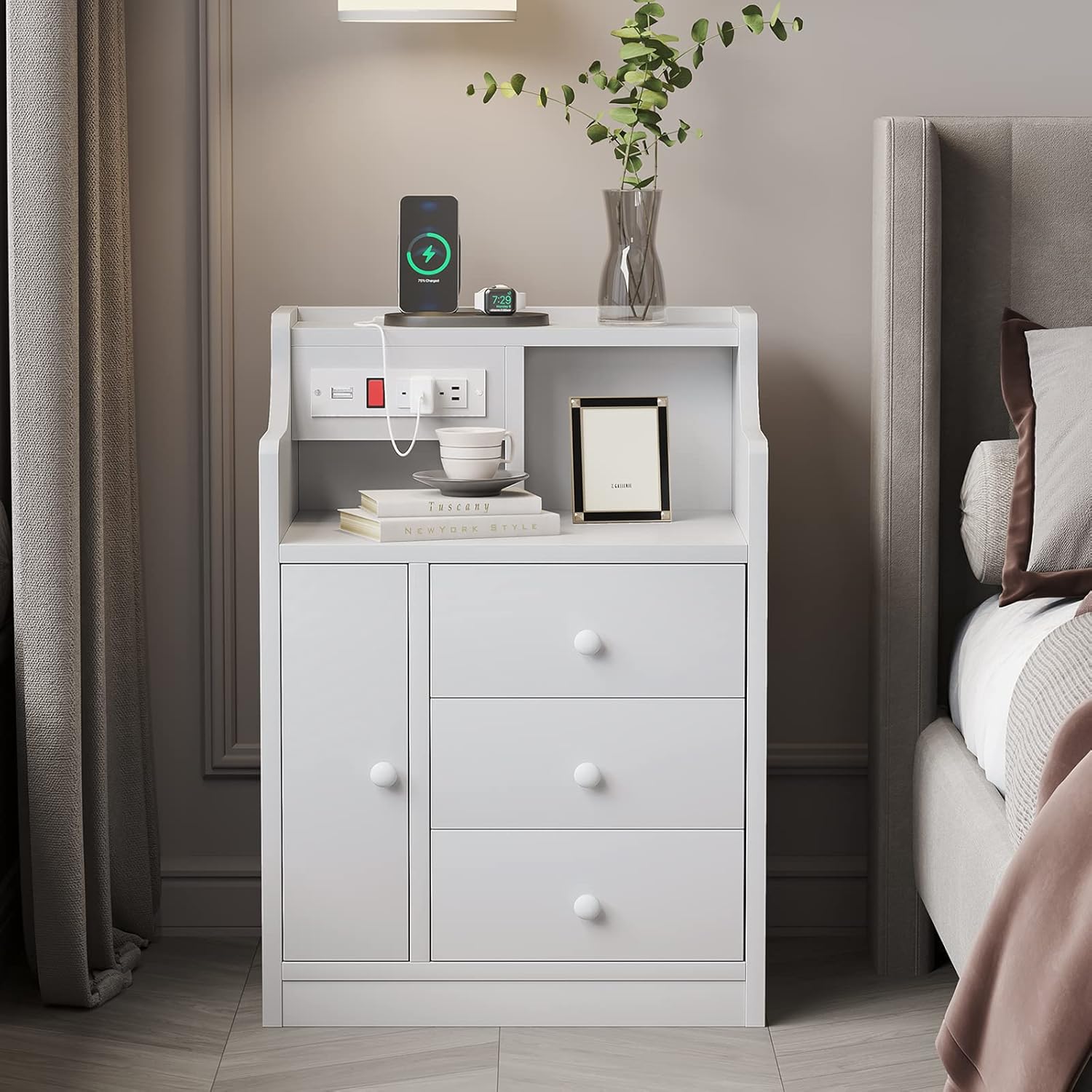 Amazon.com: Tiptiper Nightstand with Charging Station and Hutch, White ...