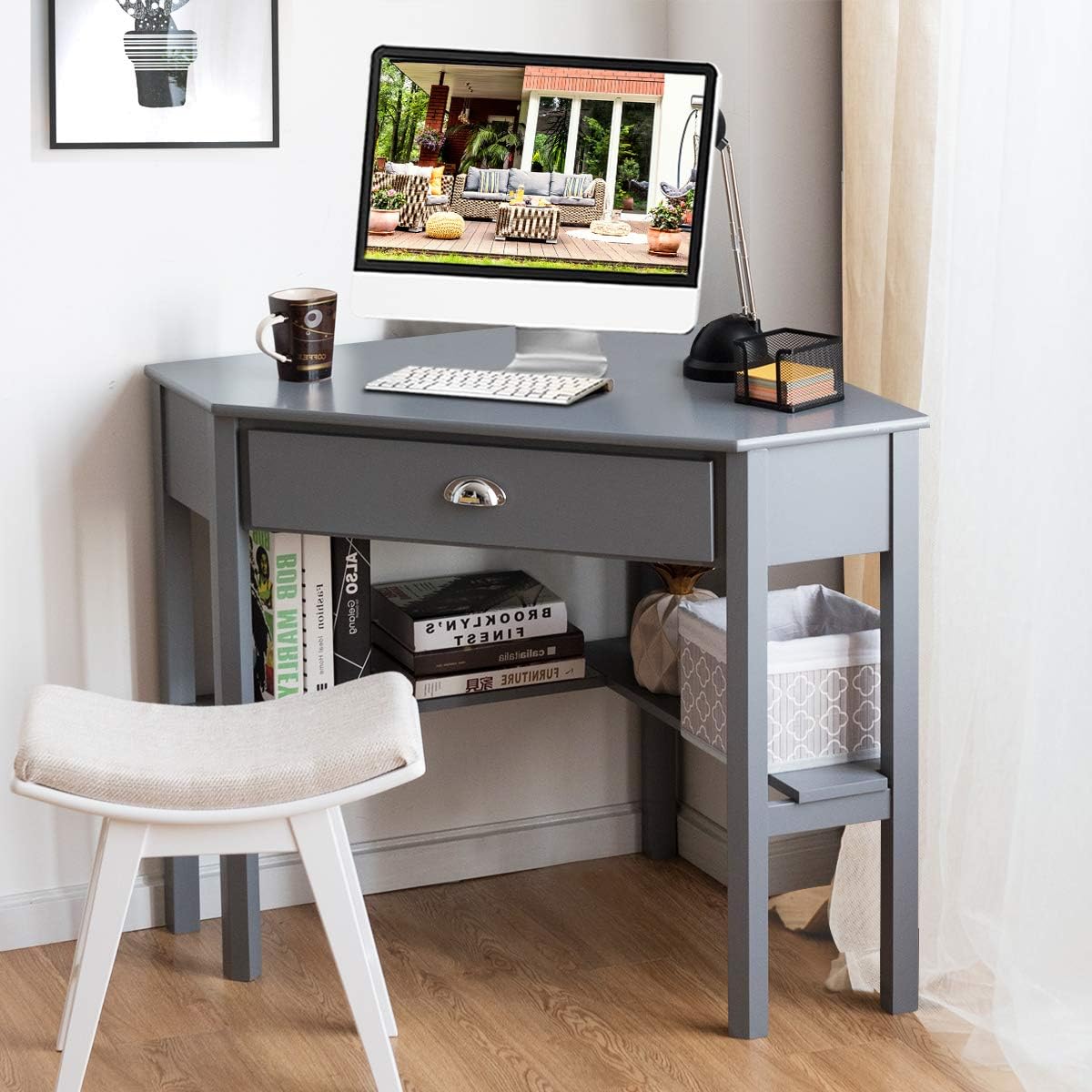 Amazon.com: IFANNY Corner Desk, Triangle Desk with Drawers and Shelves ...