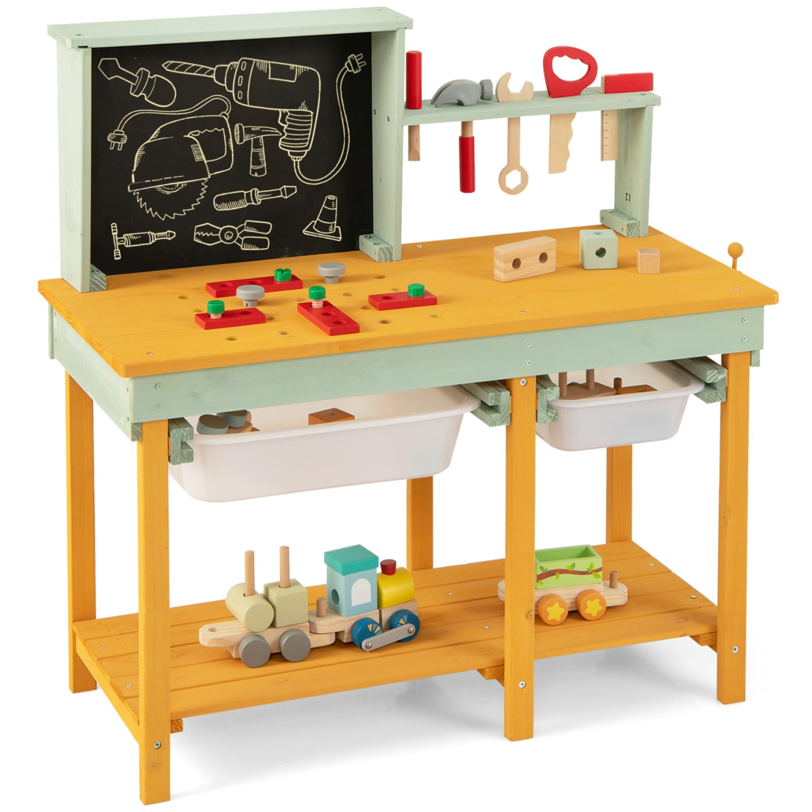 GYMAX Kids Workbench, Wooden Play Workbench with Chalkboard, Storage Shelf, 2 Drawers, Tool ...