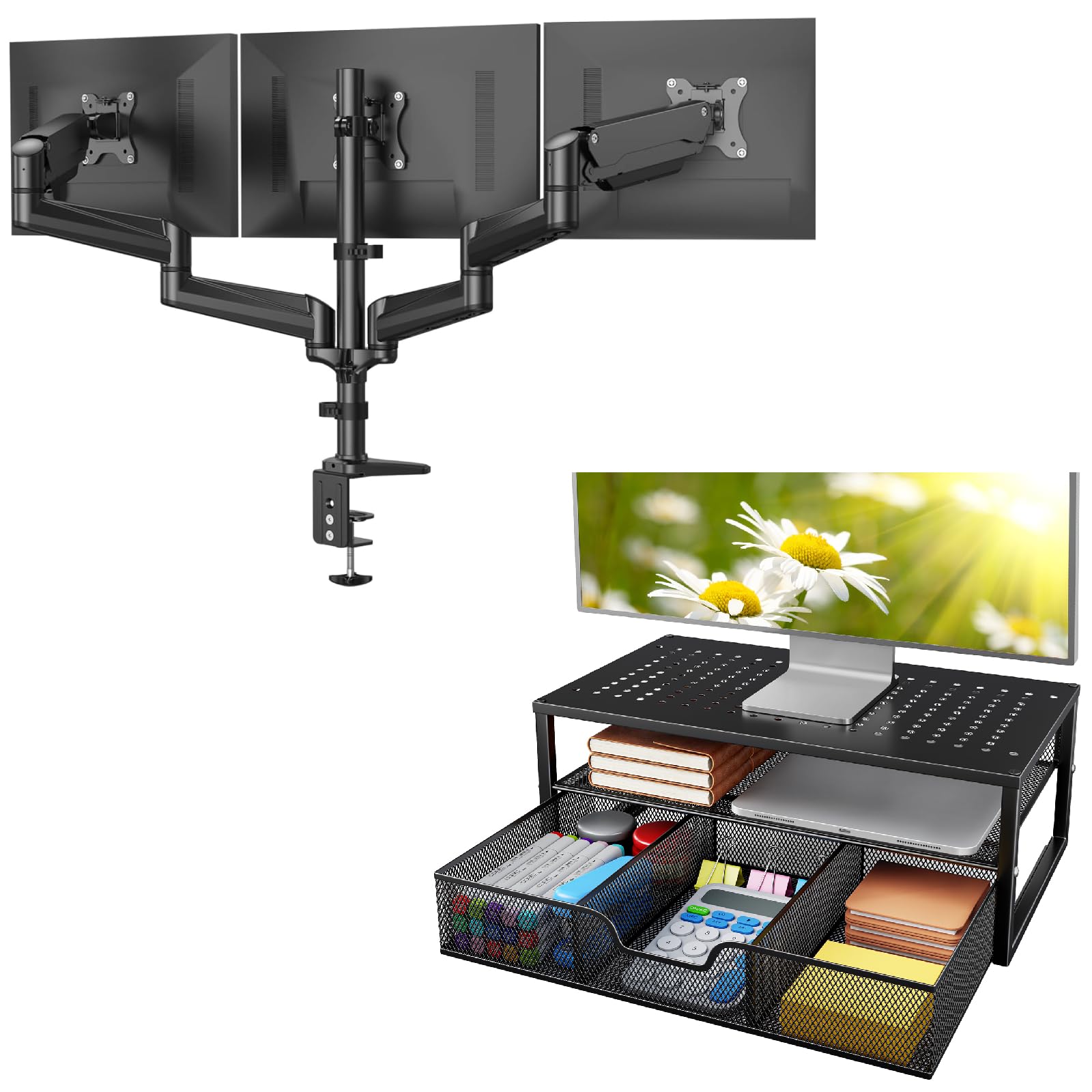 Amazon.com: HUANUO Triple Monitor Mount, 2 Tier Monitor Stand : Electronics