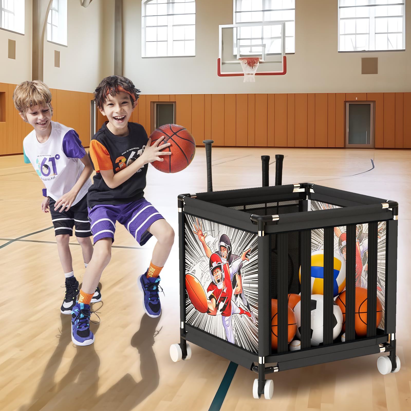 Ball Storage Rack STORAGE MANIAC Ball Storage Bin Rolling Sports Ball ...