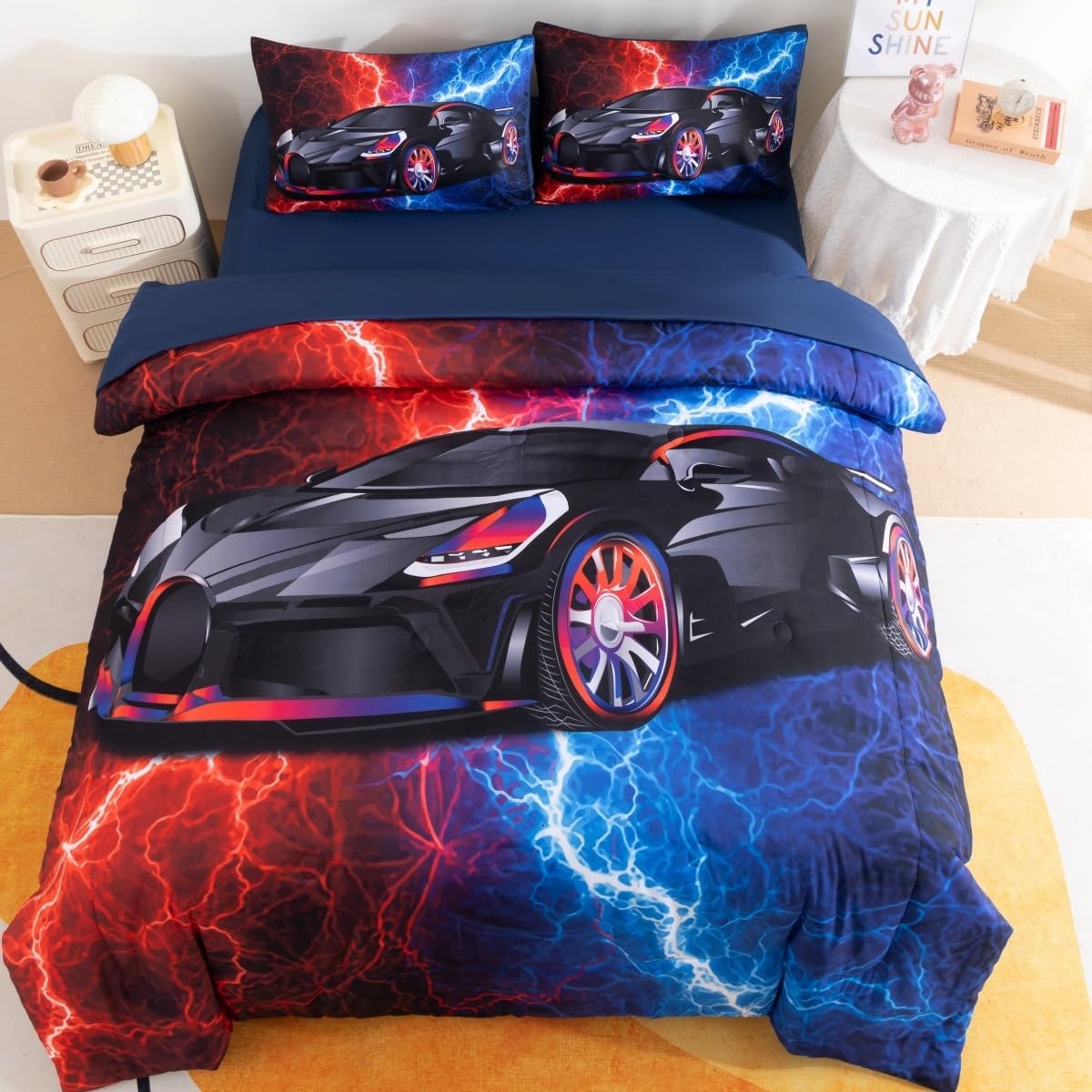Amazon.com: Podol 5 Pieces Race Car Comforter Set Full Size Red and ...