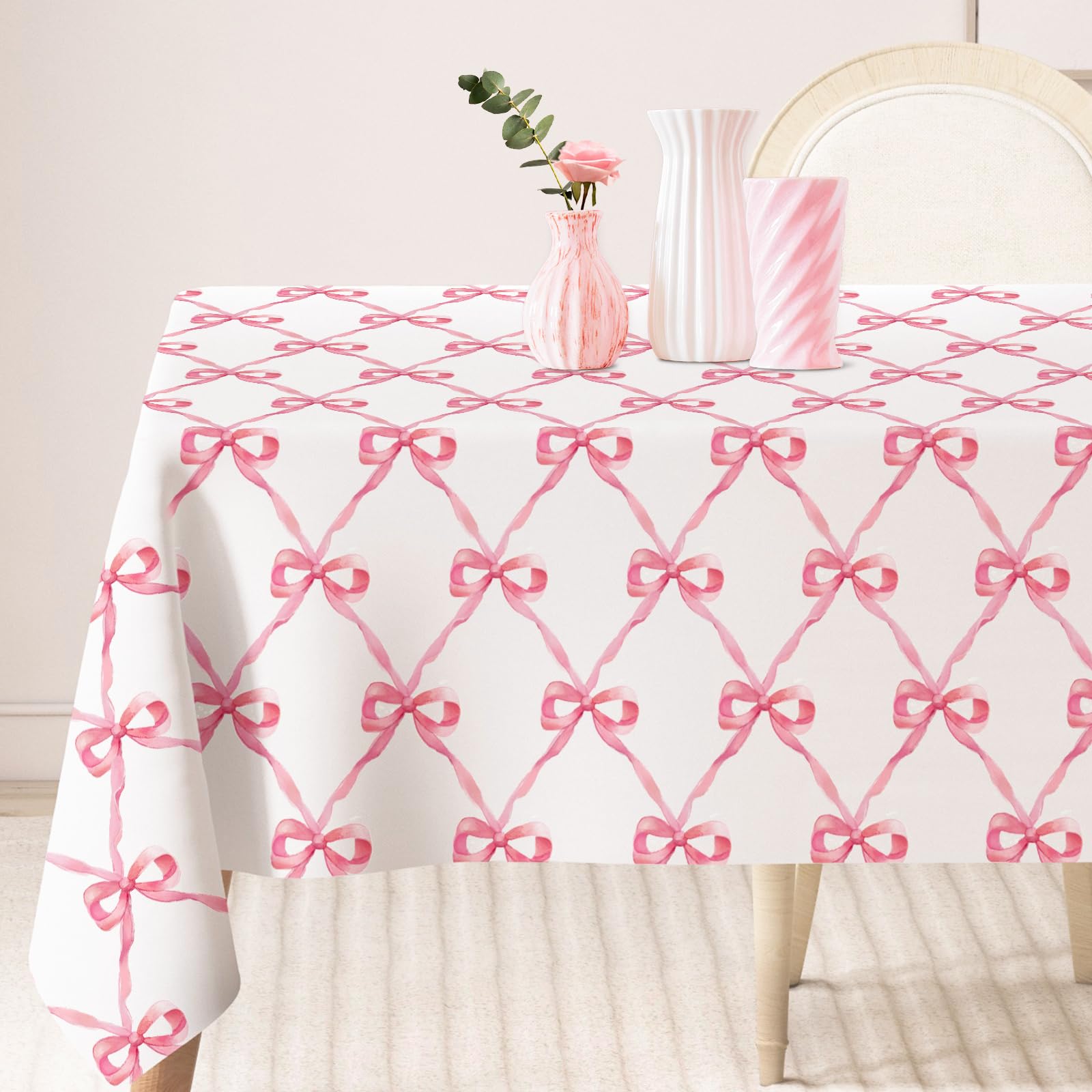Amazon.com: AnyDesign Pink Bow Tablecloth Cute Bow Knot Fabric Table ...