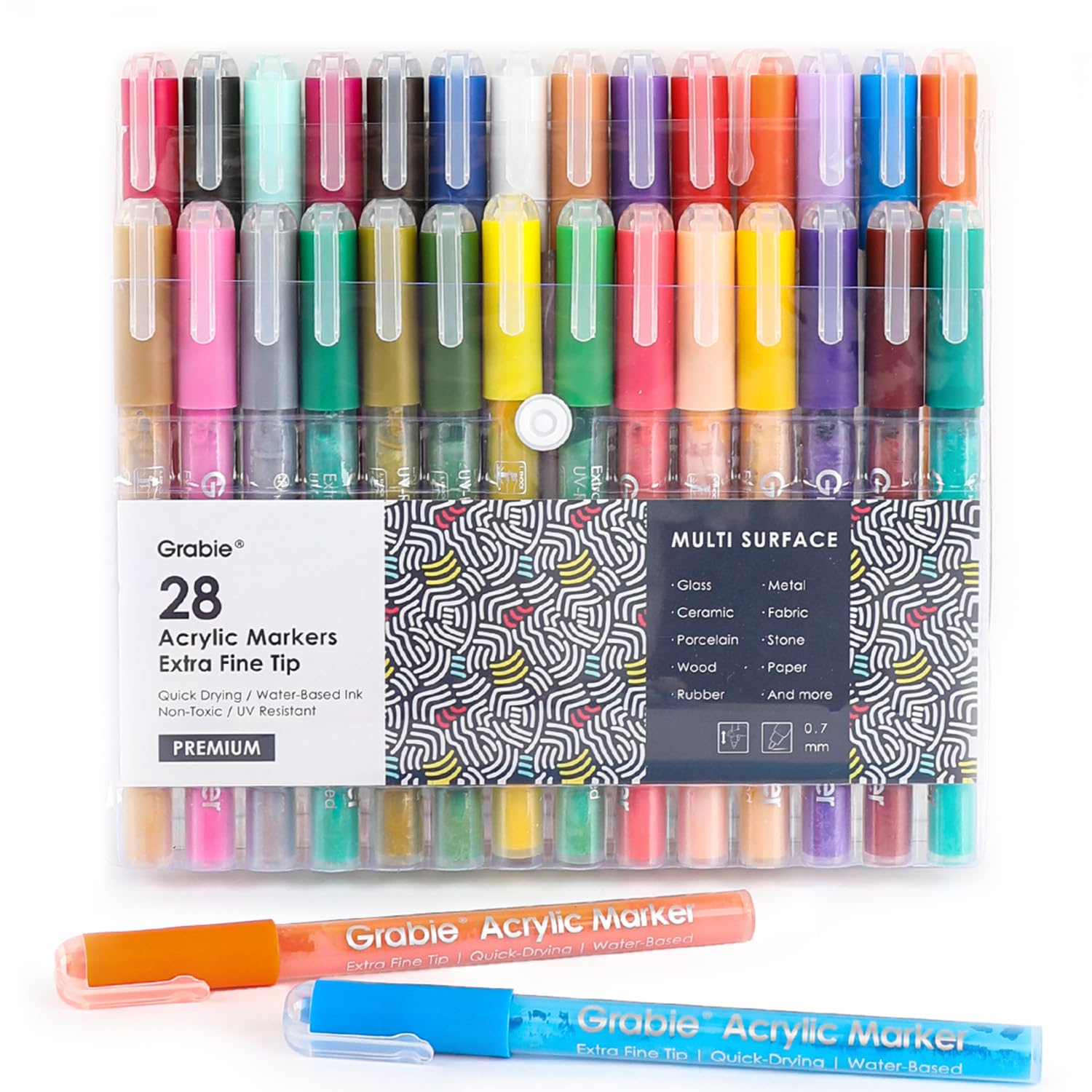 Grabie Acrylic Paint Pens, 28 Colors, 0.7 mm Extra Fine Tip Markers for ...