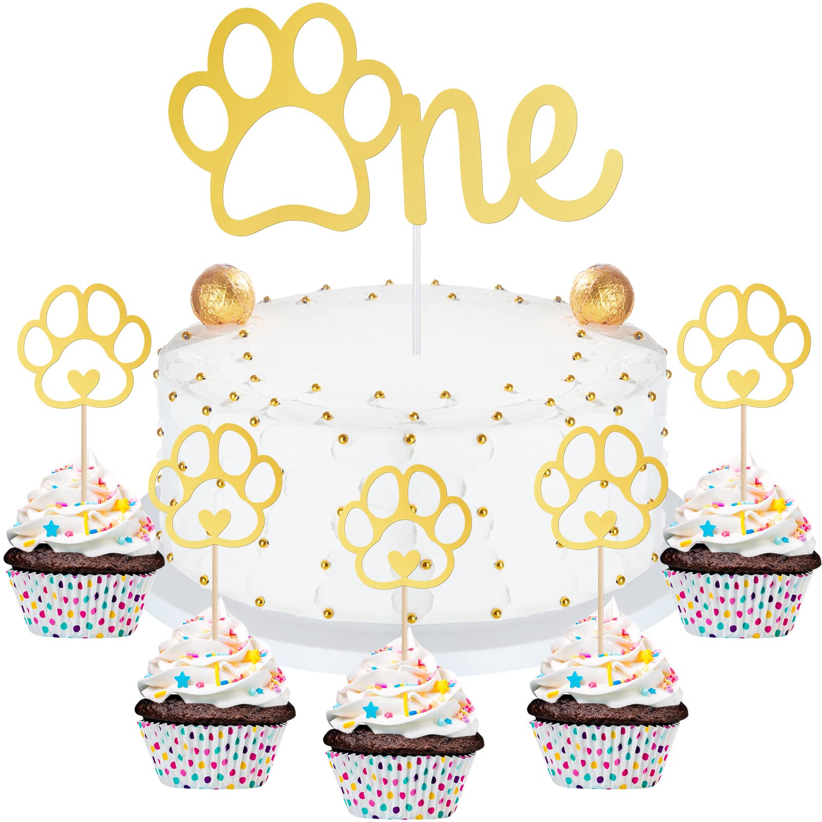 Buy 37 Packs Gold Paw One Cake Topper Dog Paw Print Cupcake Toppers Dog ...
