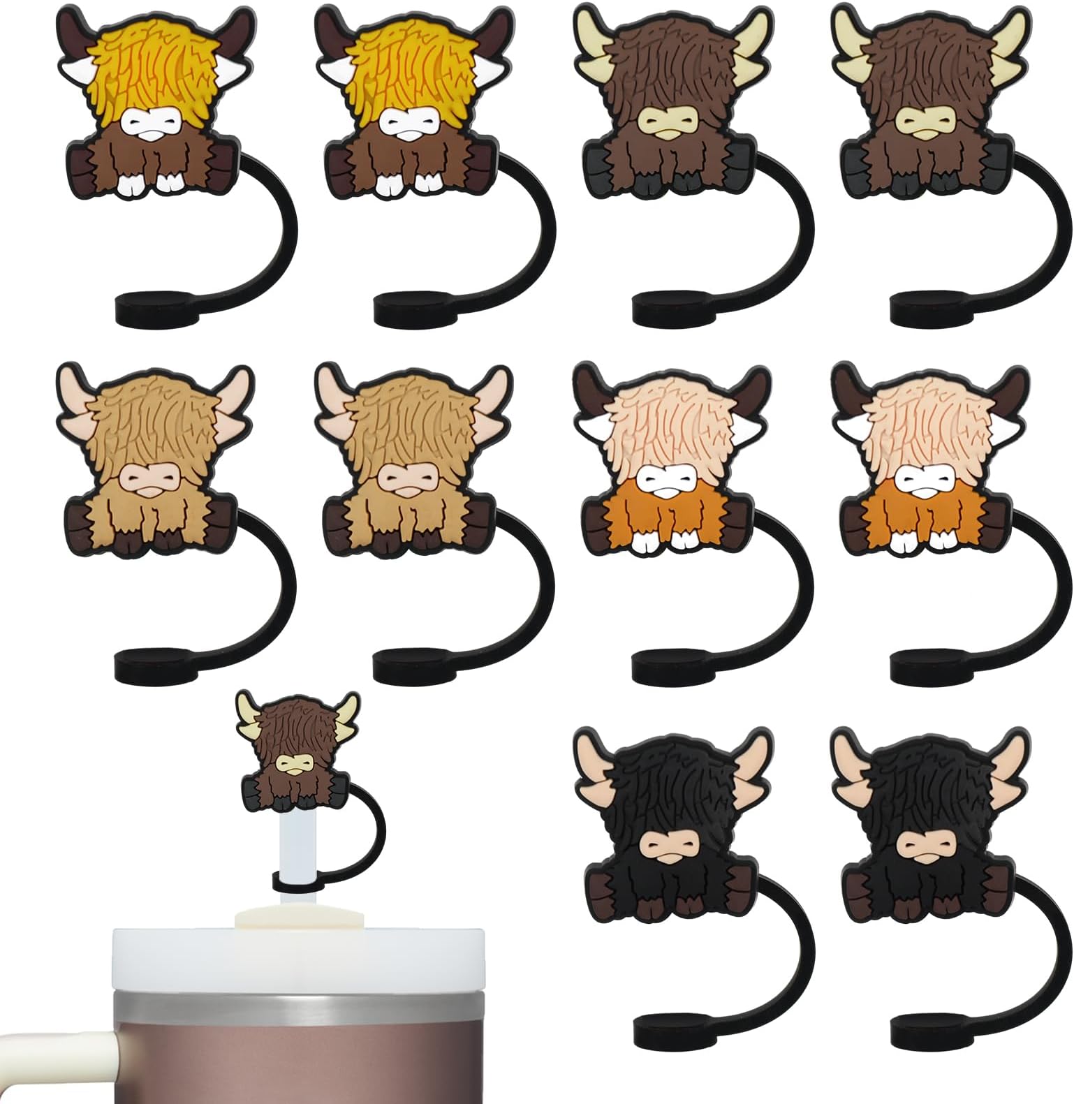 Amazon.com: 12 Pcs Highland Cow Straw Cover Cap Silicone Straw Tips ...