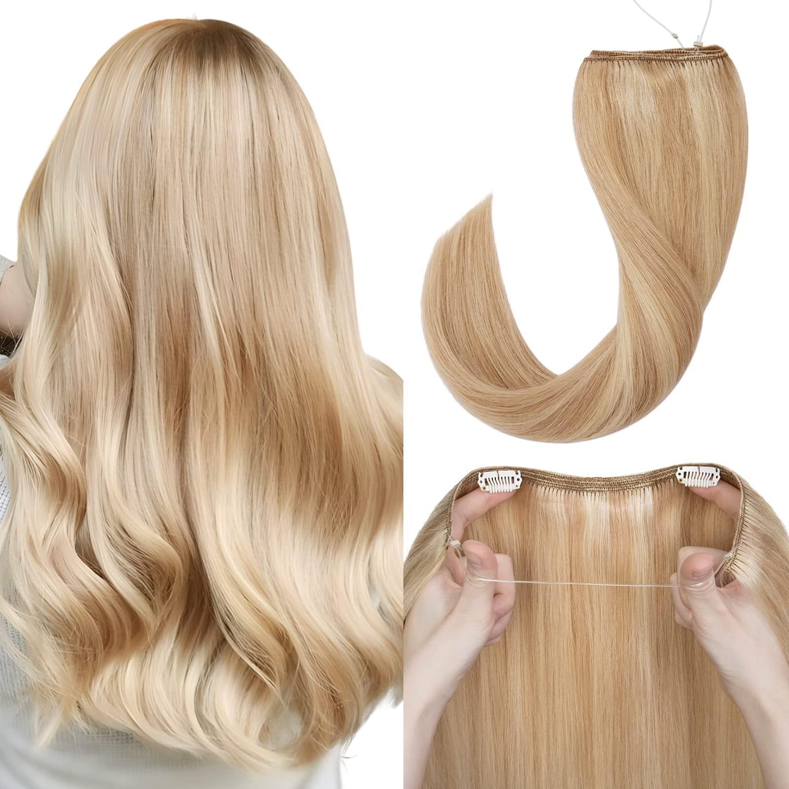 Amazon.com : MY-LADY Invisible Wire Hair Extensions Real Human Hair 16 ...