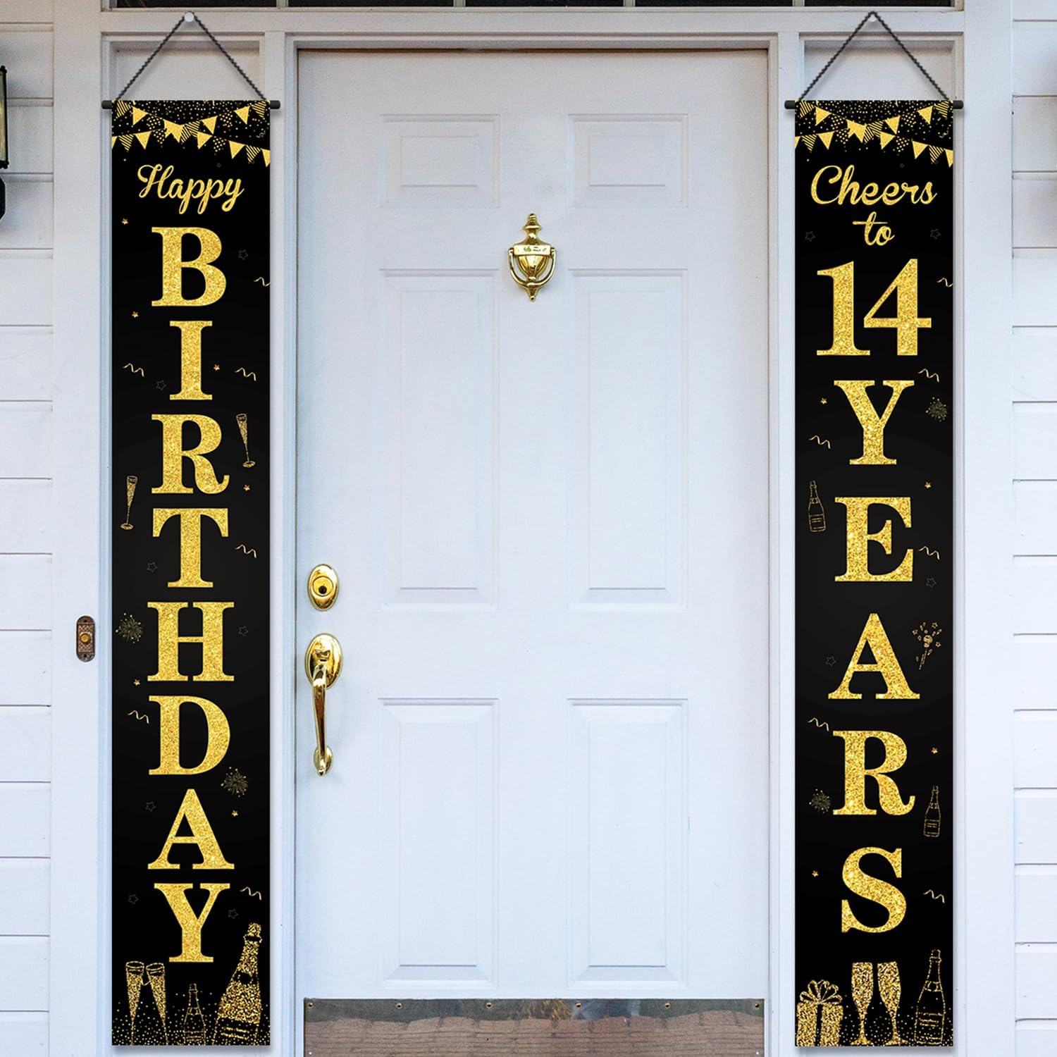 Amazon.com: Happy 14th Birthday Door Banner Porch Sign Black Gold ...