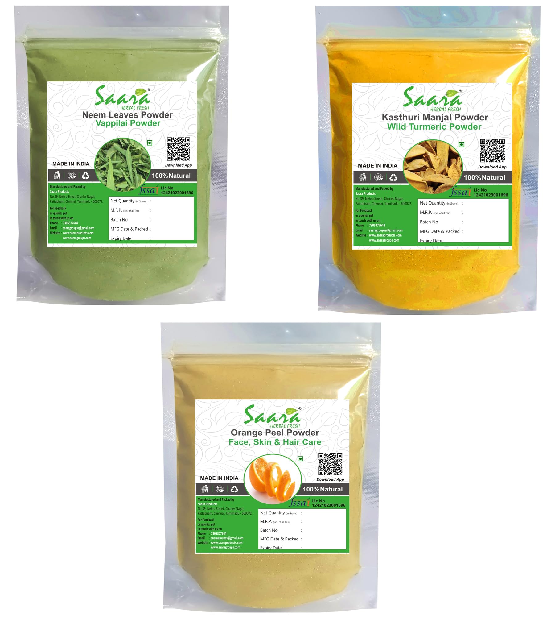 Saara HERBAL FRESH Neem Leaves Powder, Orange Peel Powder and Kasthuri ...