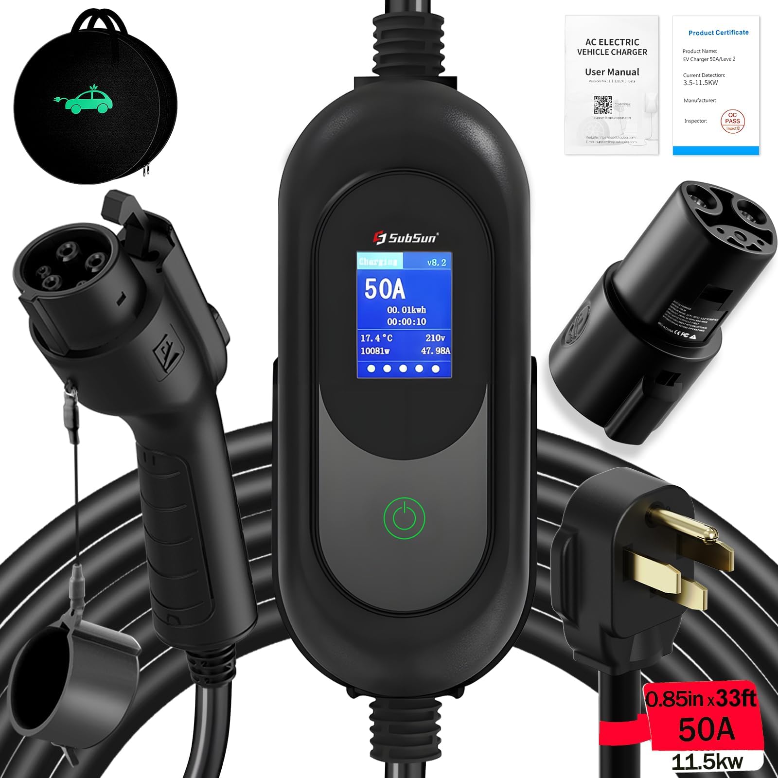 Amazon.com: SubSun Universal Portable Level 2 EV Charger 32Amp 240V ...